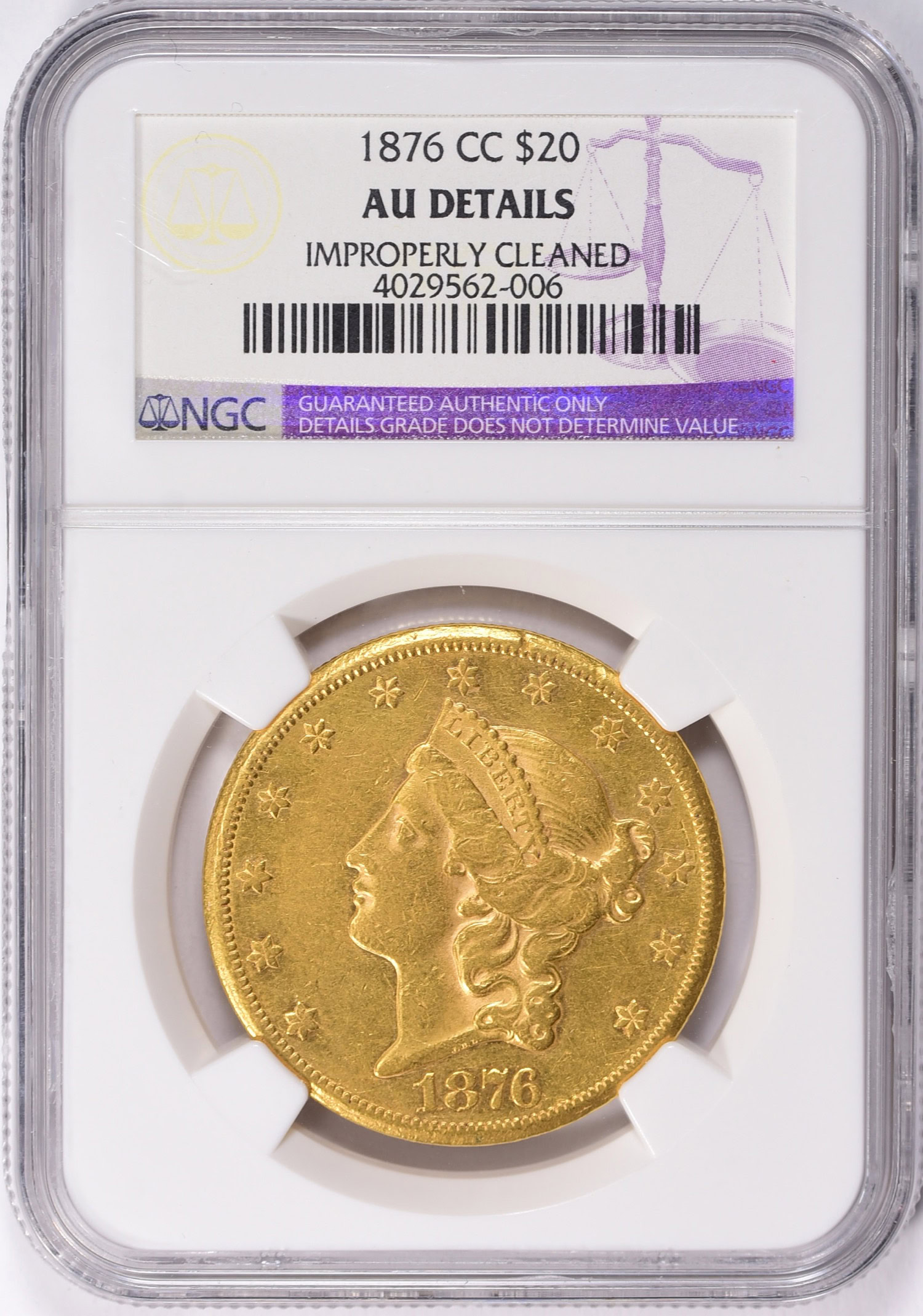 1876-CC Liberty Gold Double Eagle NGC AU Details (Item 1158887) | GreatCollections Coin Auctions