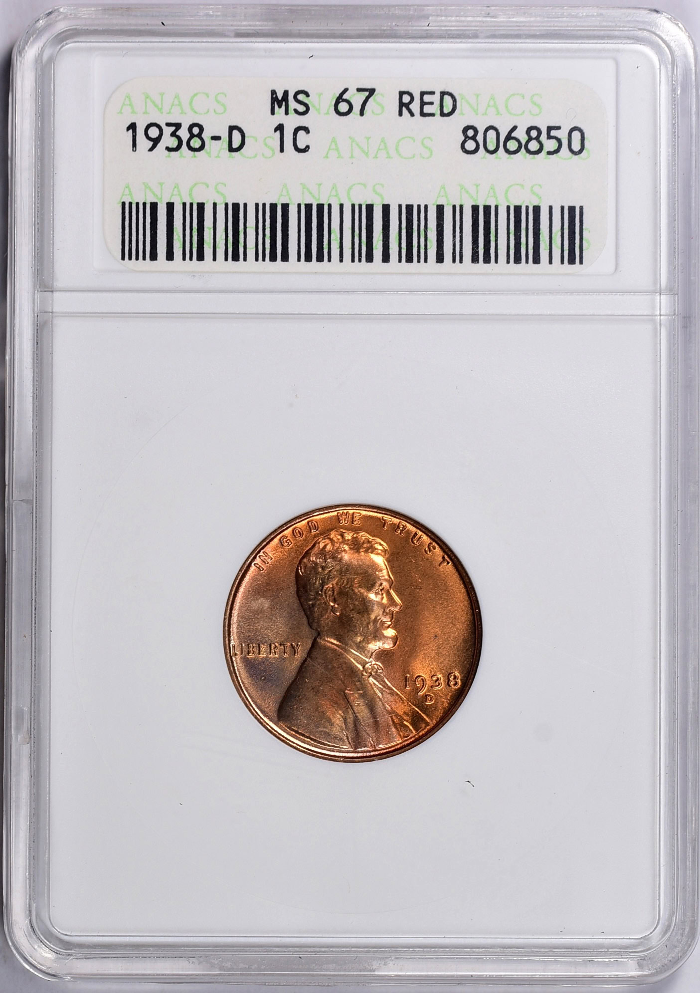 1938-D Lincoln Cent ANACS MS-67 RD OH (Item 1159095) | GreatCollections Coin Auctions