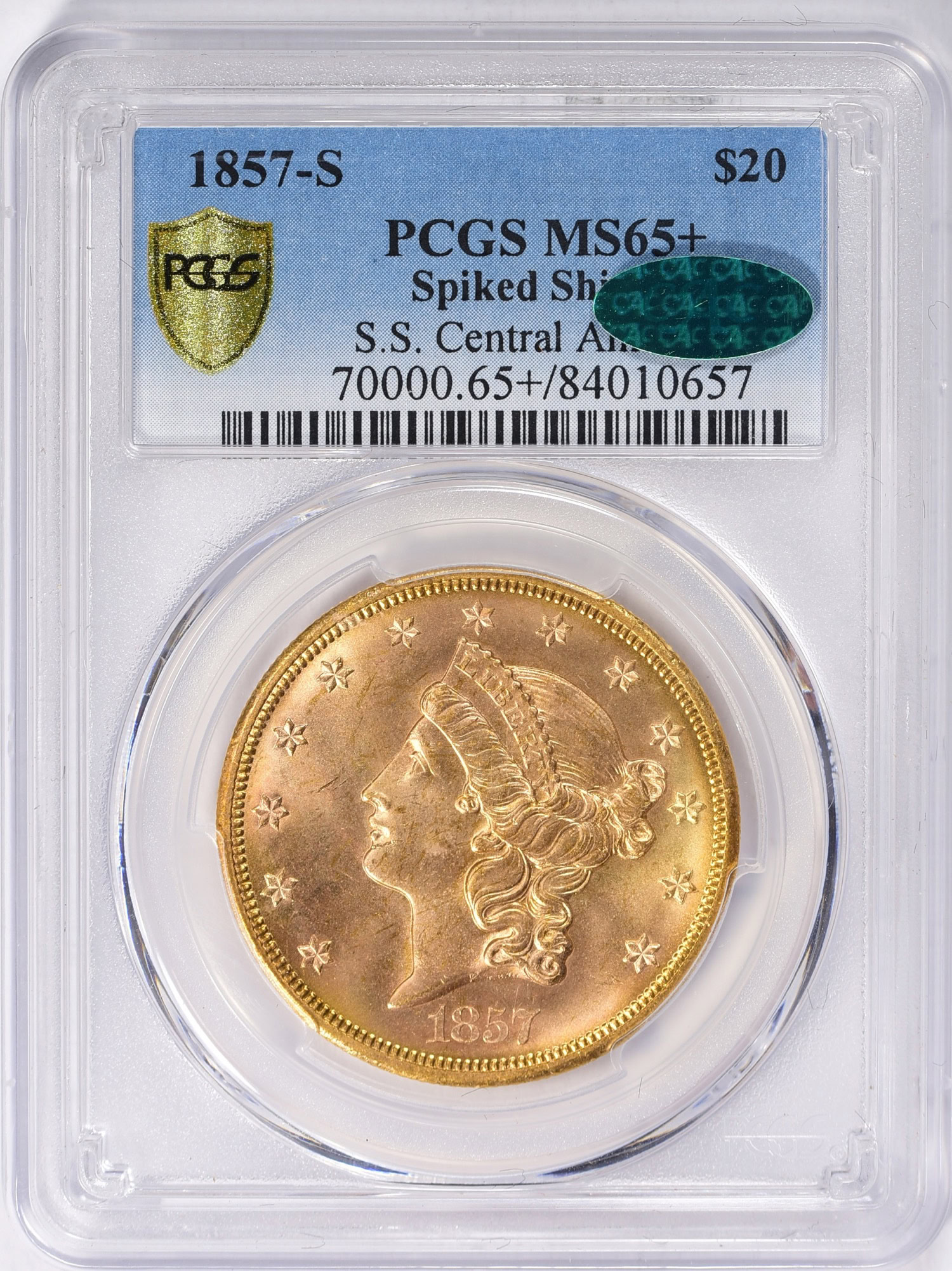 1857-S Liberty Gold Double Eagle Spiked Shield Shipwreck S.S. Central America PCGS MS-65+ (CAC ...