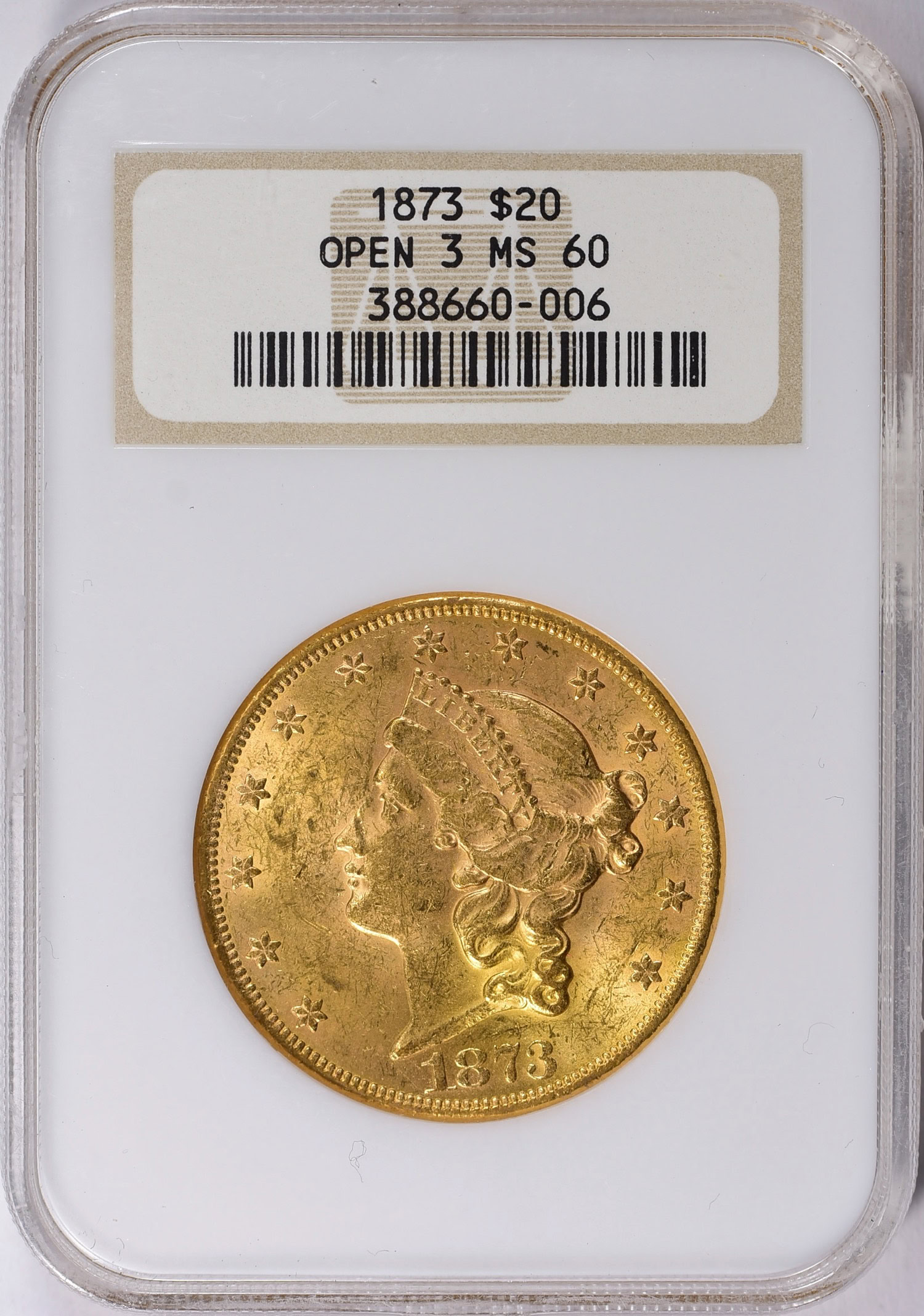 1873 Liberty Gold Double Eagle Open 3 NGC MS-60 OH (Item 1162937) | GreatCollections Coin Auctions