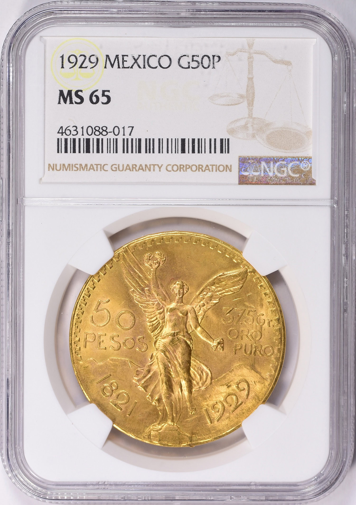 Mexico 1929 Gold 50 Pesos KM-481 NGC MS-65 (AGW = 1.2056 oz.) | NGC Cert #4631088-017 ...