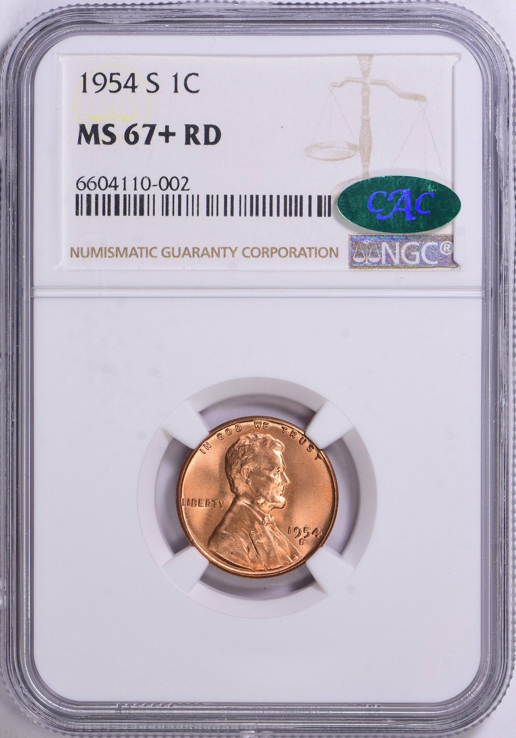 1954-S Lincoln Cent NGC MS-67+ RD (CAC Green) (Item 1168155) | GreatCollections Coin Auctions