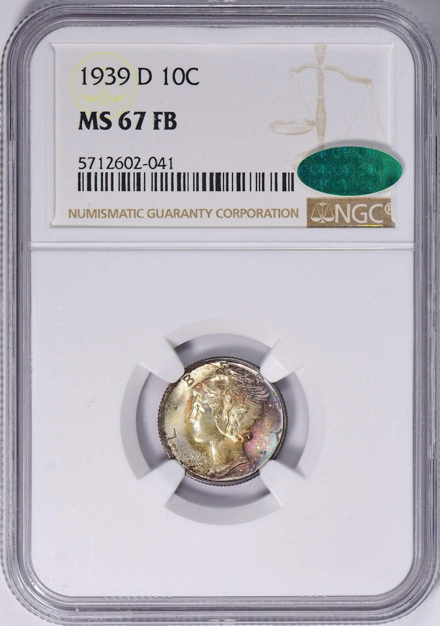 1939-D Mercury Dime NGC MS-67 FB (CAC Green) (Toned) (Item 1170013) | GreatCollections Coin Auctions