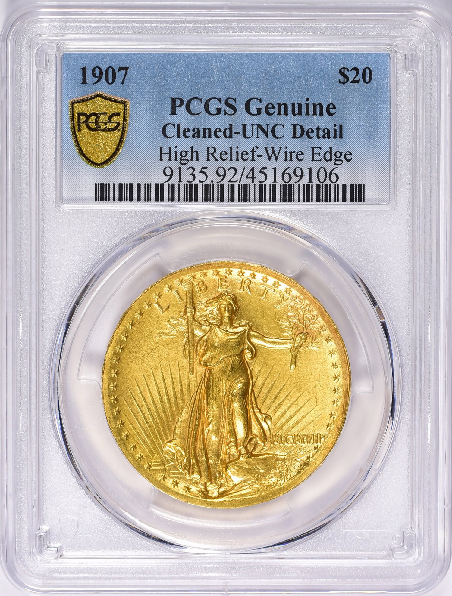 1907 Saint-Gaudens Gold Double Eagle MCMVII. High Relief, Wire Edge PCGS Genuine Unc Details ...