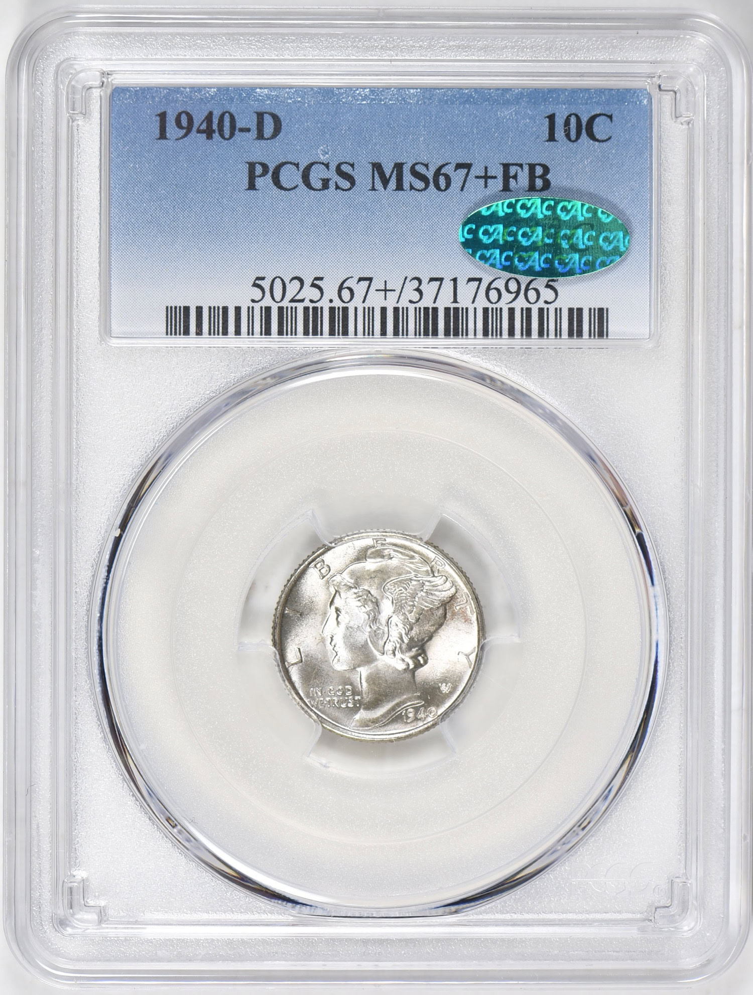 1940-D Mercury Dime PCGS MS-67+ FB (CAC Green) (Item 1175118) | GreatCollections Coin Auctions