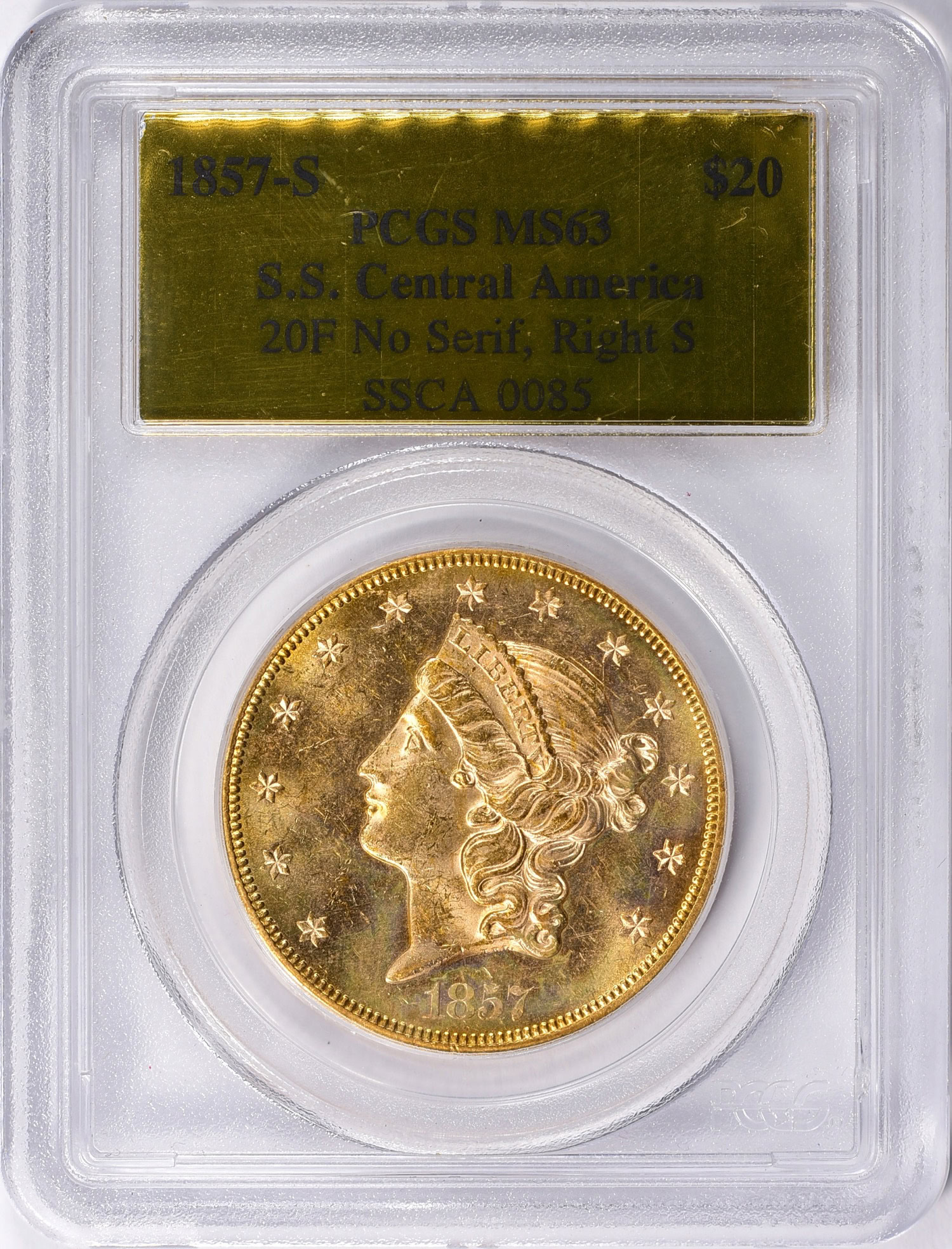 1857-S Liberty Gold Double Eagle 20F No Serif, Right S Shipwreck S.S. Central America PCGS MS-63 ...