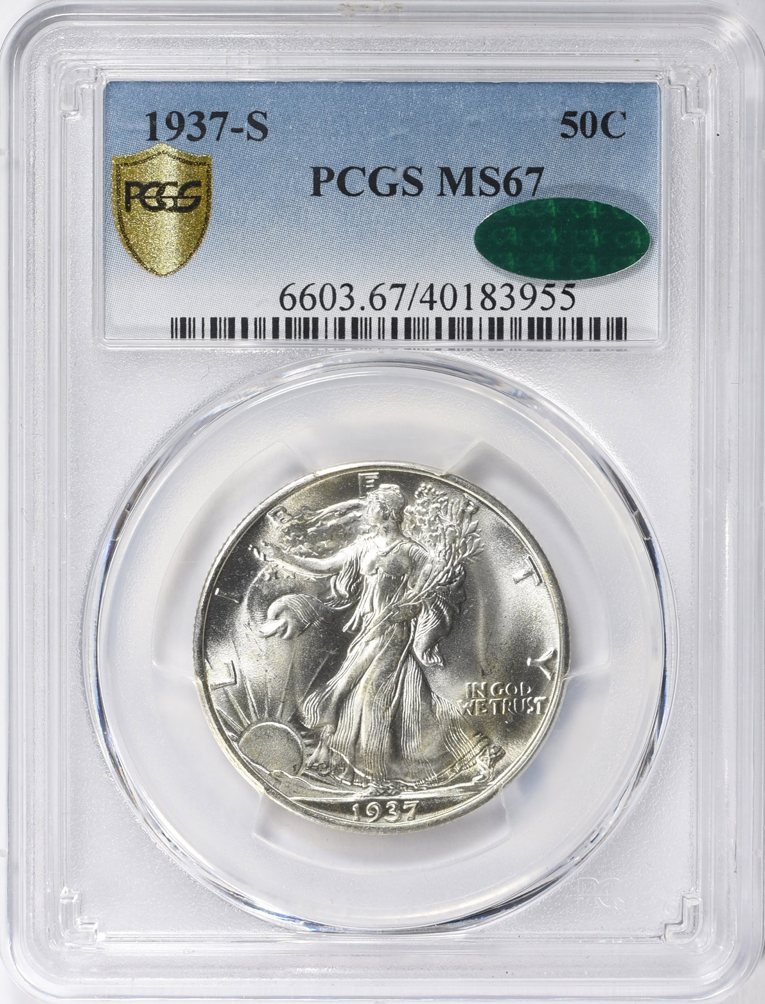 1937-S Walking Liberty Half Dollar PCGS MS-67 (CAC Green) (Item 1186544) | GreatCollections Coin ...