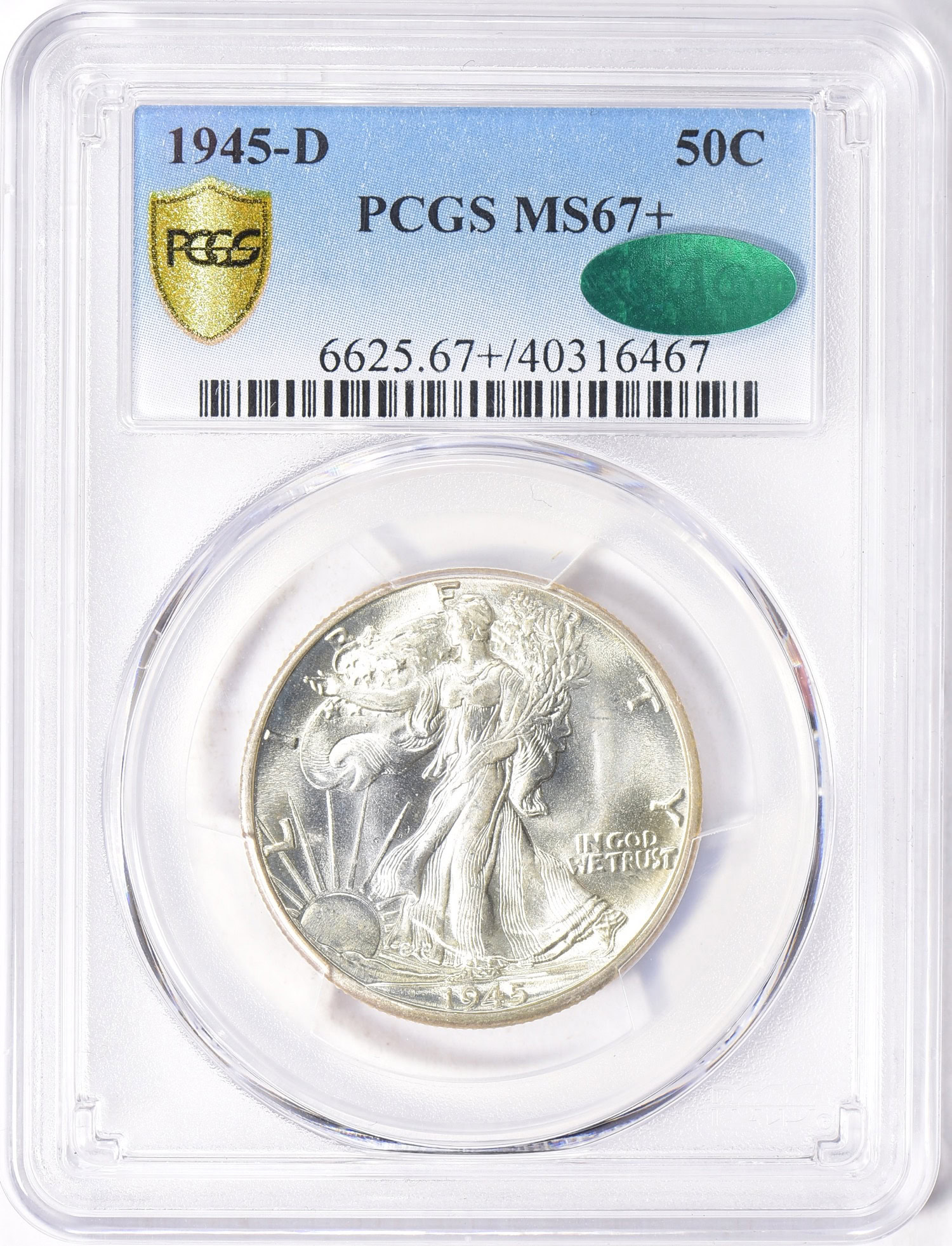 1945-D Walking Liberty Half Dollar PCGS MS-67+ (CAC Green) (Item 1186905) | GreatCollections ...
