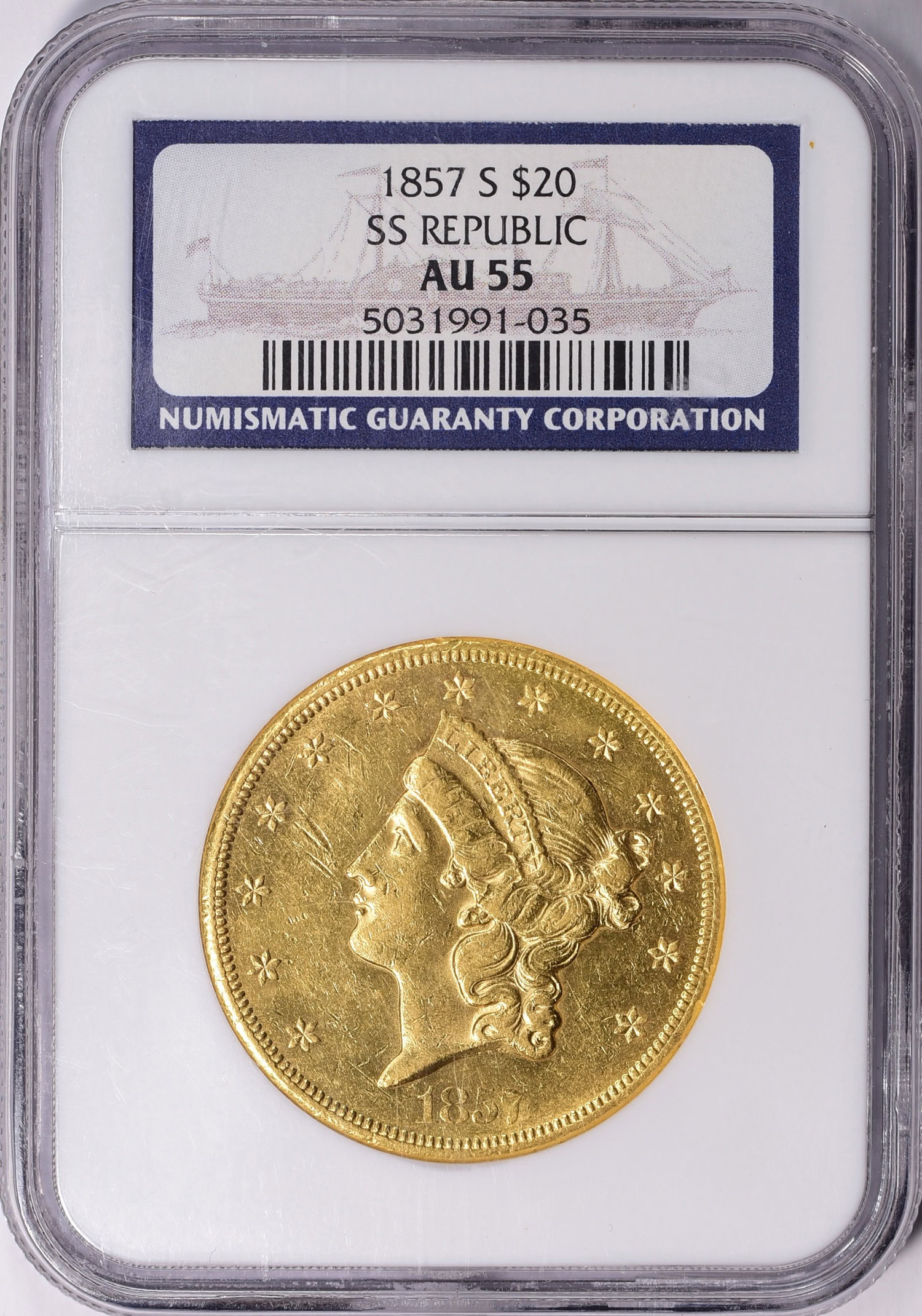 1857-S Liberty Gold Double Eagle Shipwreck S.S. Republic NGC AU-55 (Item 1192545 ...