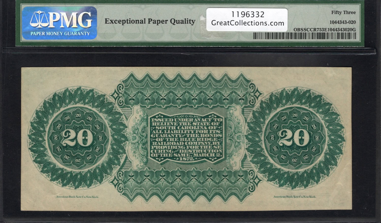 Mar. 2, 1872 Columbia, South Carolina State of South Carolina $20 Note ...