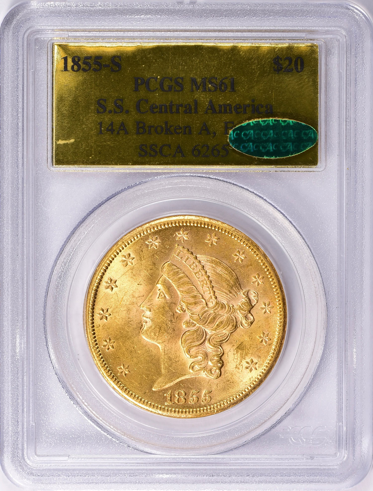 1855-S Liberty Gold Double Eagle Shipwreck S.S. Central America Broken A, Full E PCGS MS-61 (CAC ...
