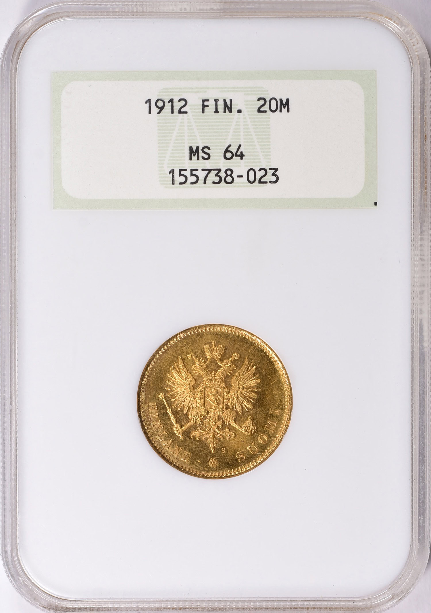 Finland 1912-S Gold 20 Markkaa KM-9.2 NGC MS-64 OH (AGW = 0.1867 oz.) | NGC Cert #155738-023 ...