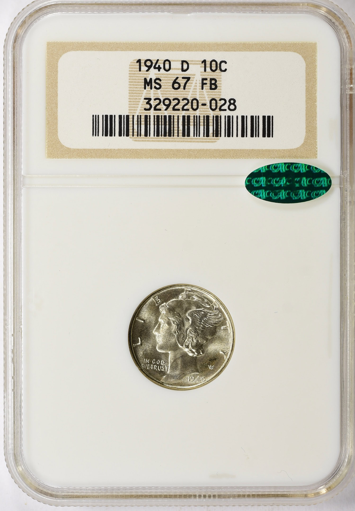 1940-D Mercury Dime NGC MS-67 FB (CAC Green) (Item 1211101) | GreatCollections Coin Auctions
