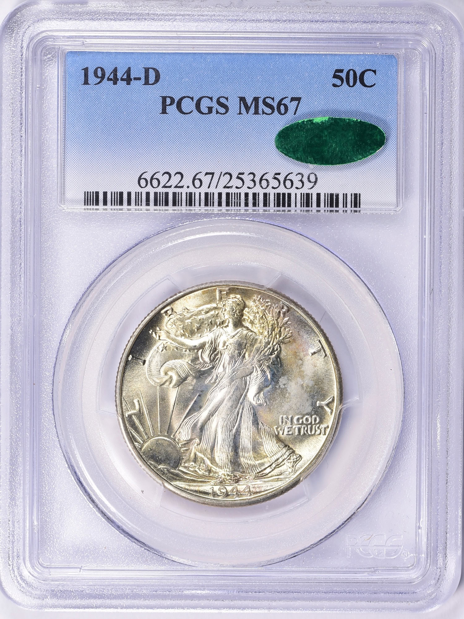 1944-D Walking Liberty Half Dollar PCGS MS-67 (CAC Green) (Toned) (Item 1214464 ...