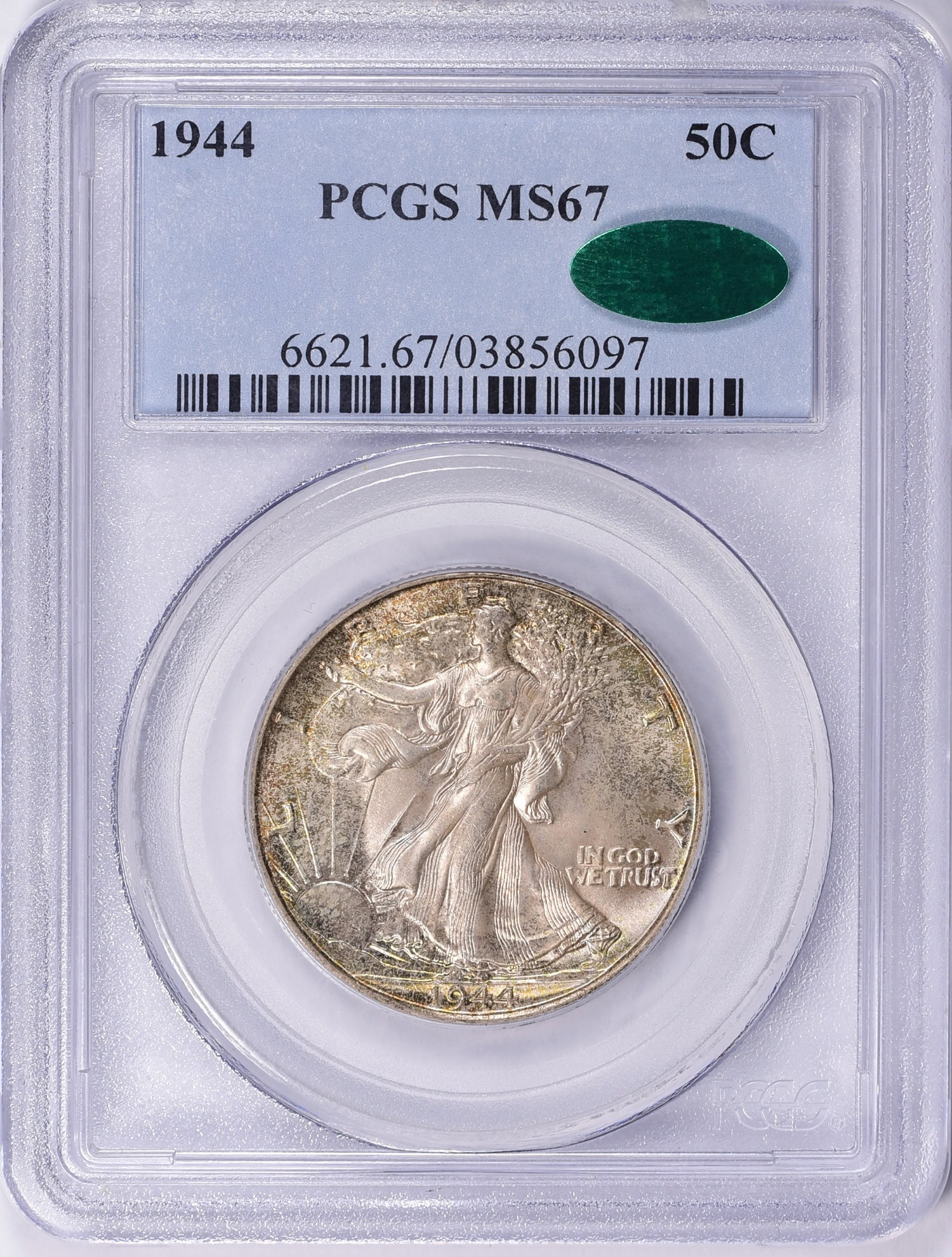 1944 Walking Liberty Half Dollar PCGS MS-67 (CAC Green) (Toned) (Item 1214465 ...
