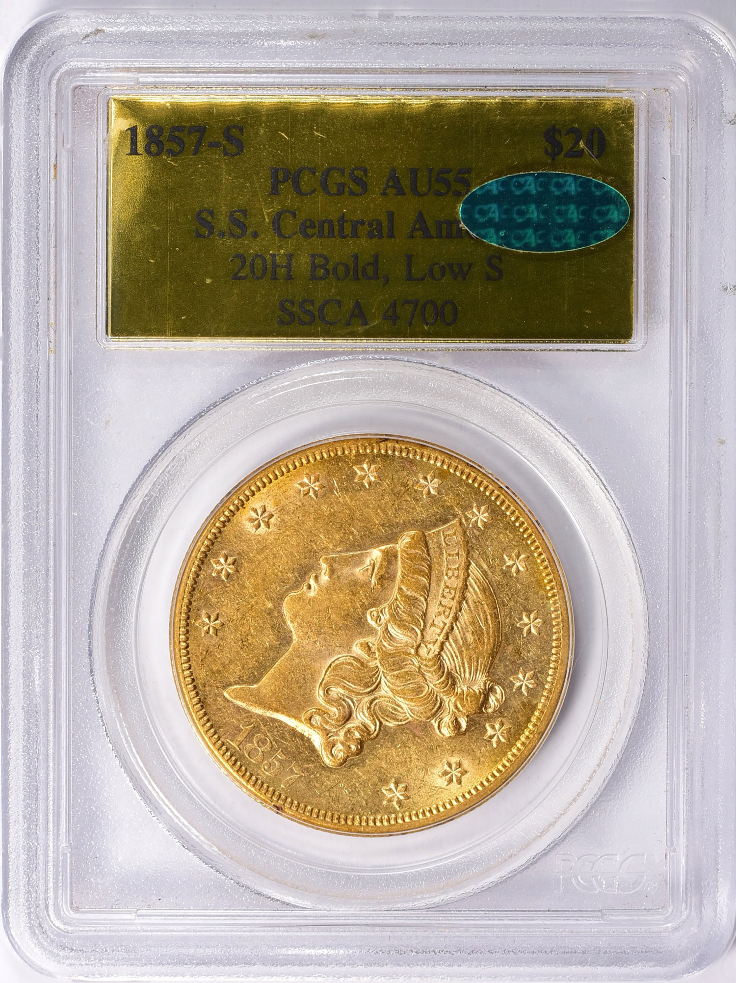 1857-S Liberty Gold Double Eagle 20H Bold, Low S Shipwreck S.S Central America PCGS AU-55 (CAC ...