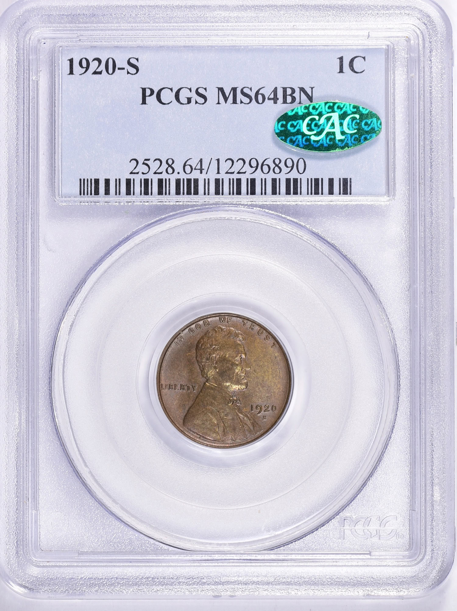 1920-S Lincoln Cent PCGS MS-64 BN (CAC Green) (Toned) (Item 1214905) | GreatCollections Coin ...