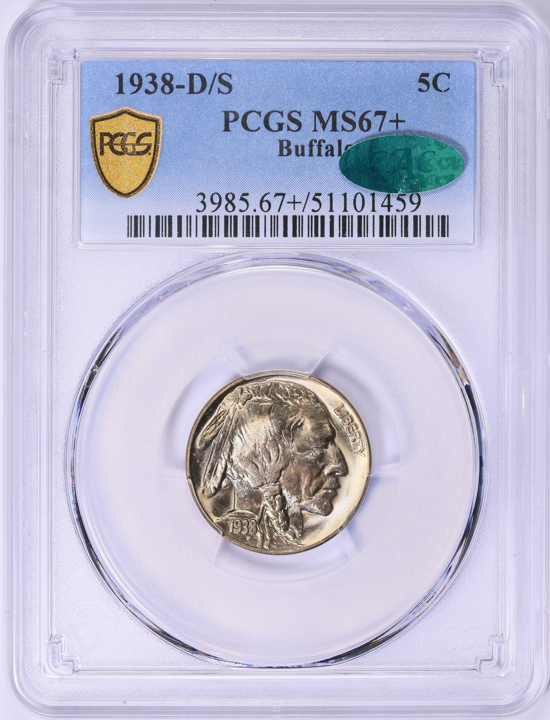 1938-D/S Buffalo Nickel PCGS MS-67+ (CAC Green) (Toned) (Item 1214967) | GreatCollections Coin ...