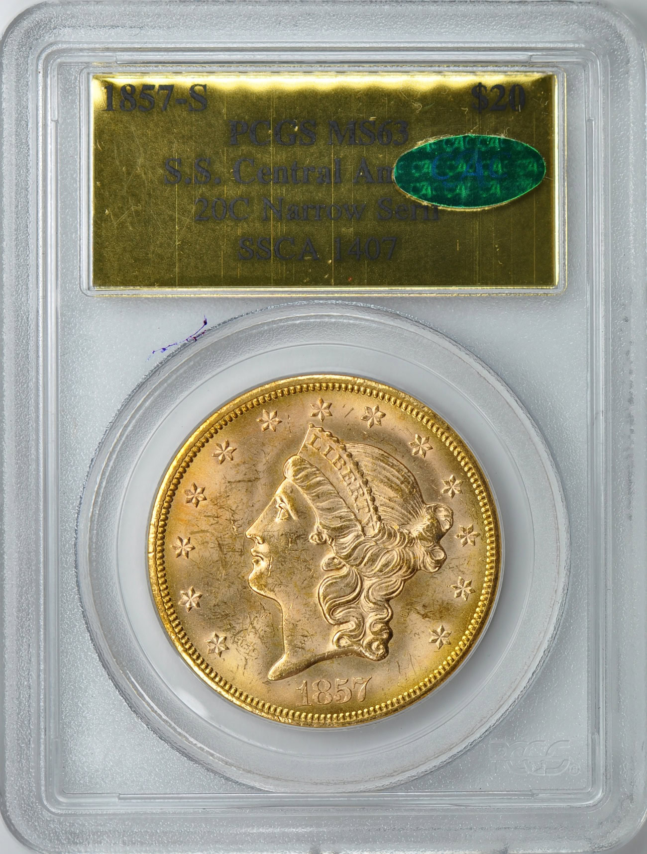 1857-S Liberty Gold Double Eagle Narrow Serif Shipwreck S.S. Central America PCGS MS-63 (CAC ...