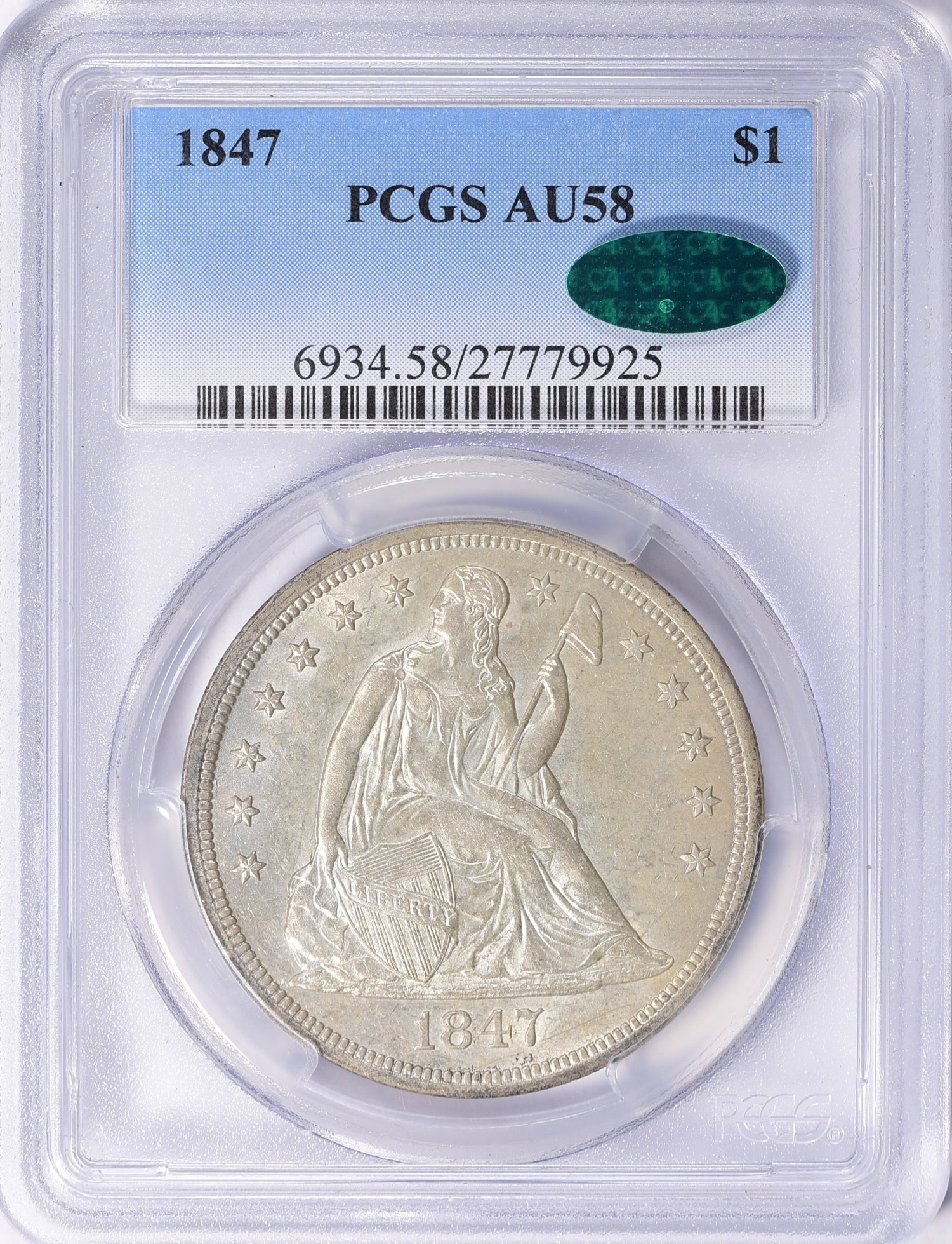 1847 Seated Liberty Silver Dollar PCGS AU-58 (CAC Green) (Item 1215951) | GreatCollections Coin ...