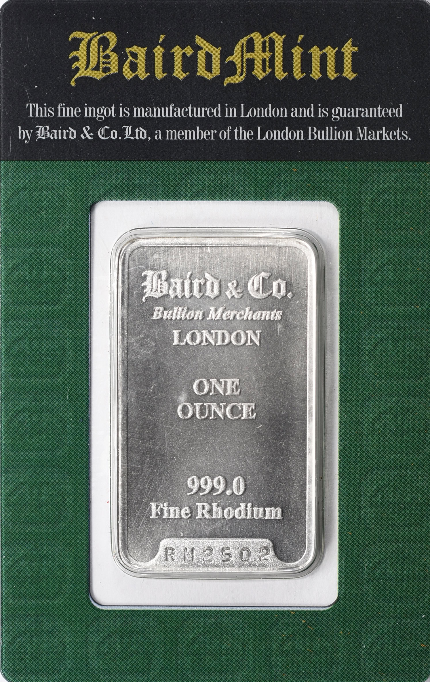 Baird & Co. Rhodium 1 oz. Numbered Ingot/Bar Uncertified in Green Card ...