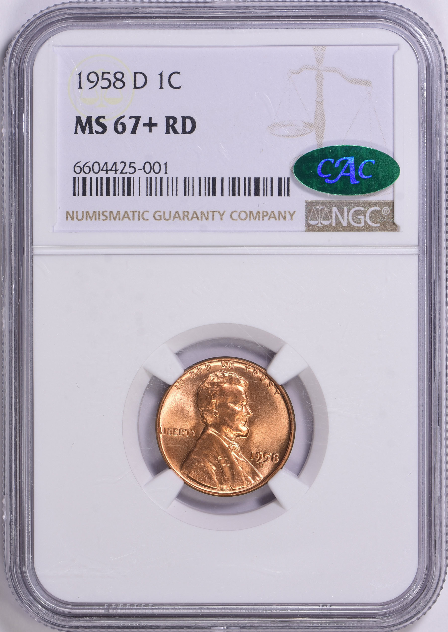 1958-D Lincoln Cent NGC MS-67+ RD (CAC Green) (Item 1219472) | GreatCollections Coin Auctions