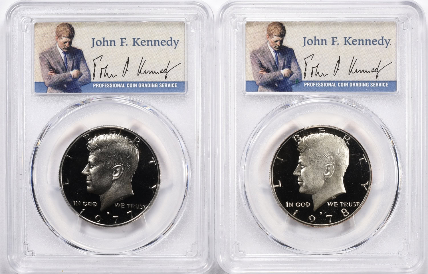 1977-S and 1978-S Kennedy Half Dollar PCGS Proof-70 DCAM (John F. Kennedy Labels) (2 Coins ...