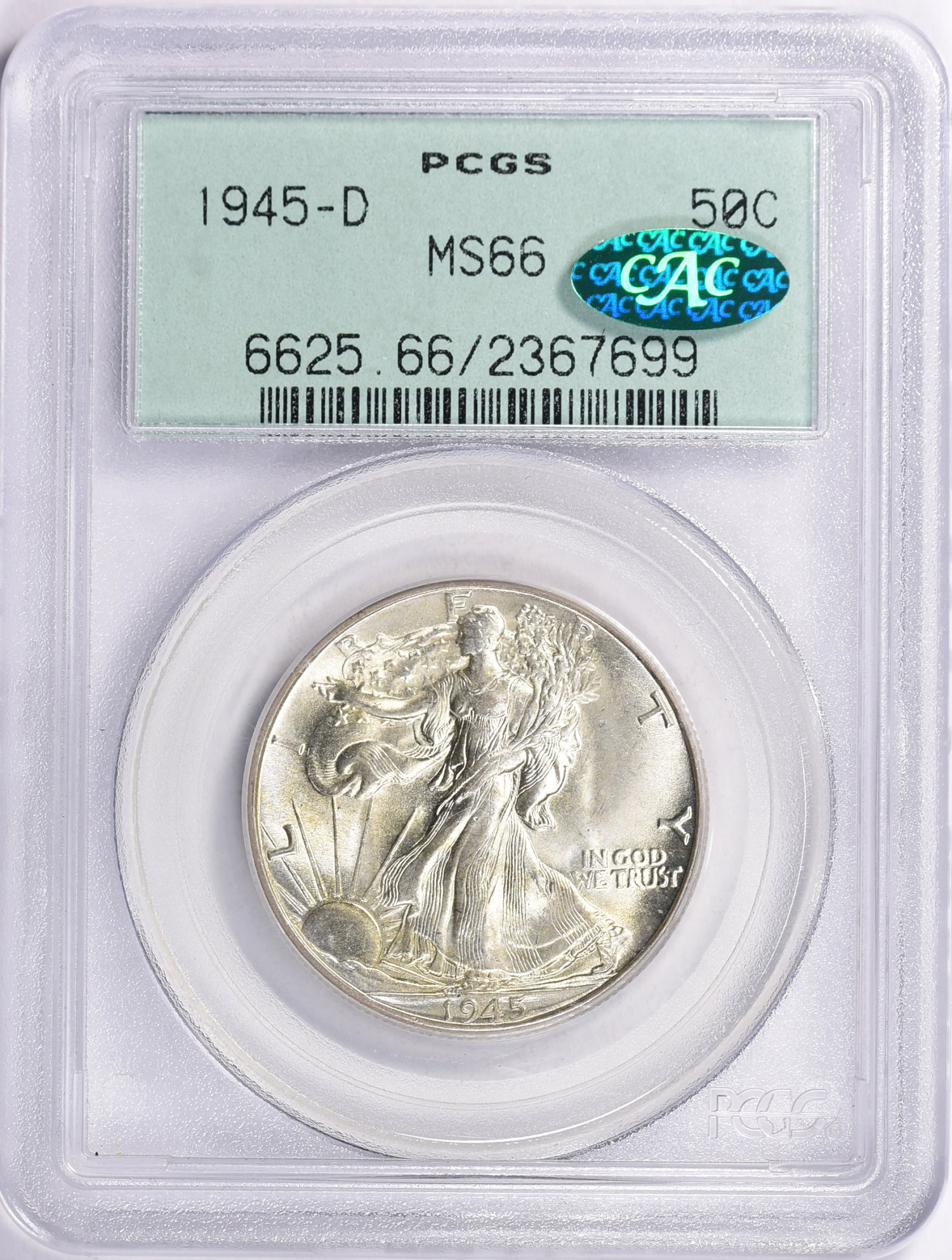 1945-D Walking Liberty Half Dollar PCGS MS-66 (CAC Green) OGH (Item 1223633) | GreatCollections ...