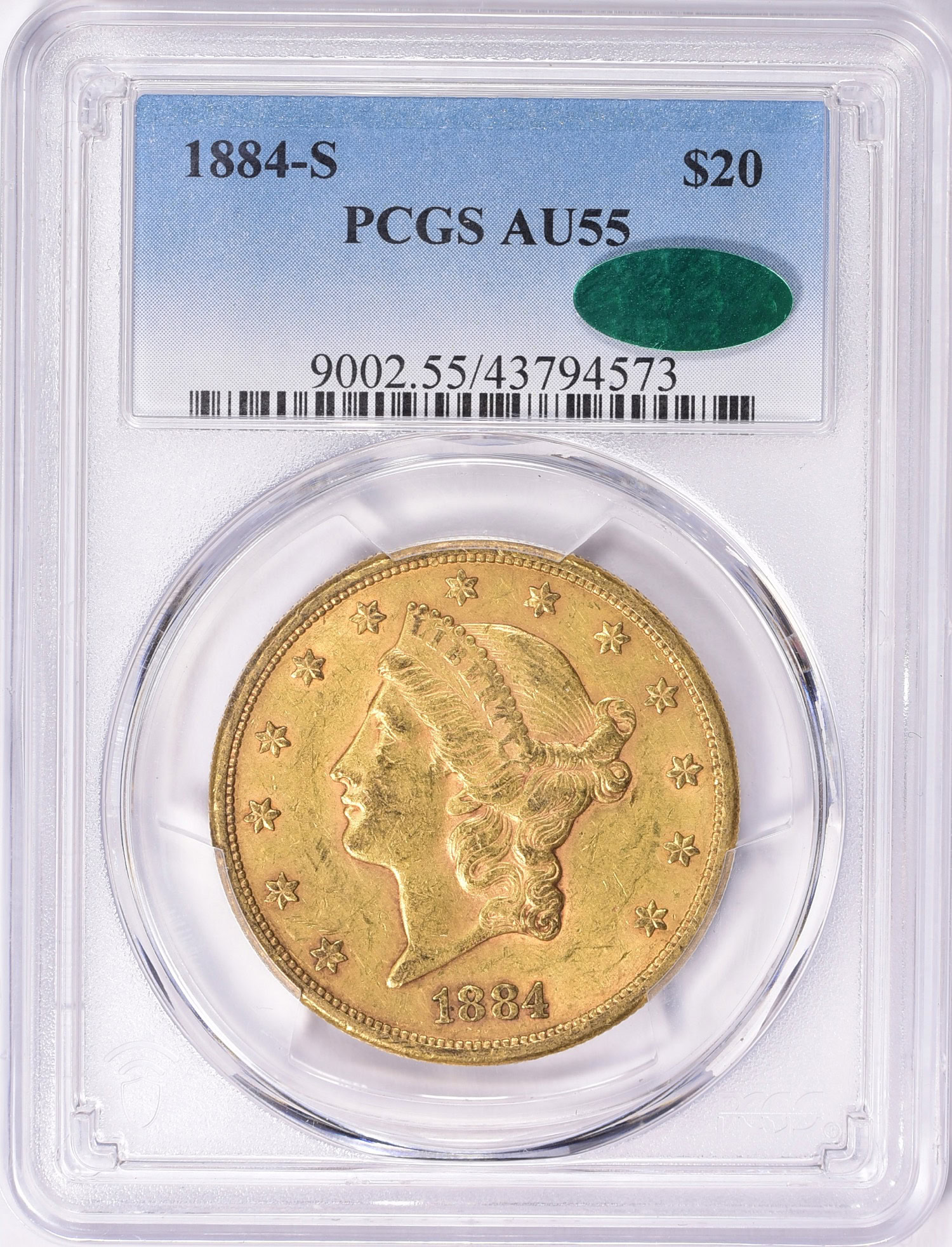 1884-S Liberty Gold Double Eagle PCGS AU-55 (CAC Green) (Item 1226639) | GreatCollections Coin ...