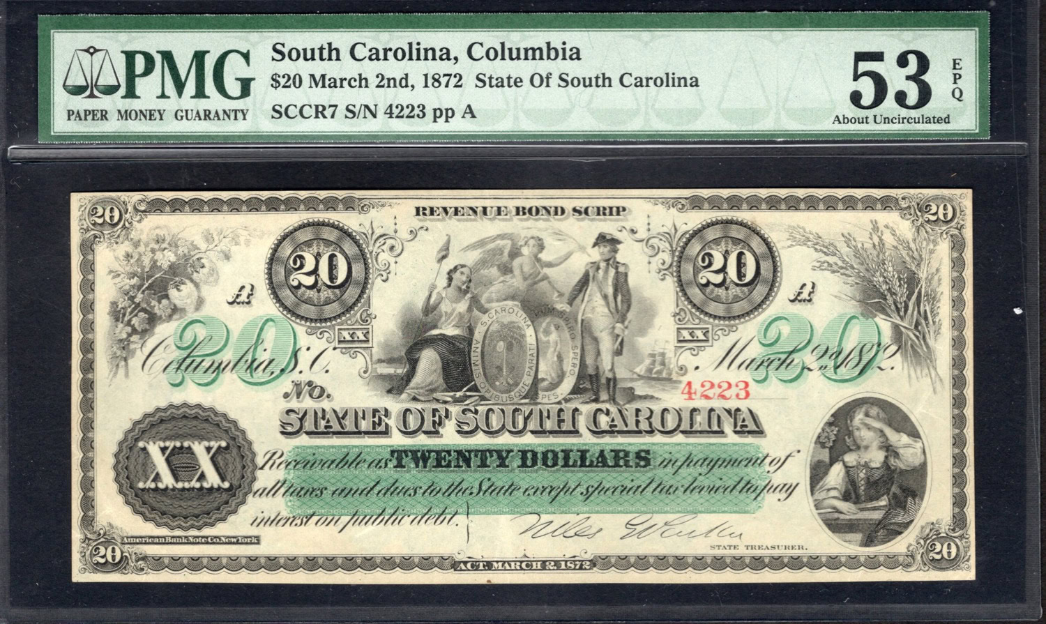 Mar. 2, 1872 Columbia, South Carolina State of South Carolina $20 Note ...