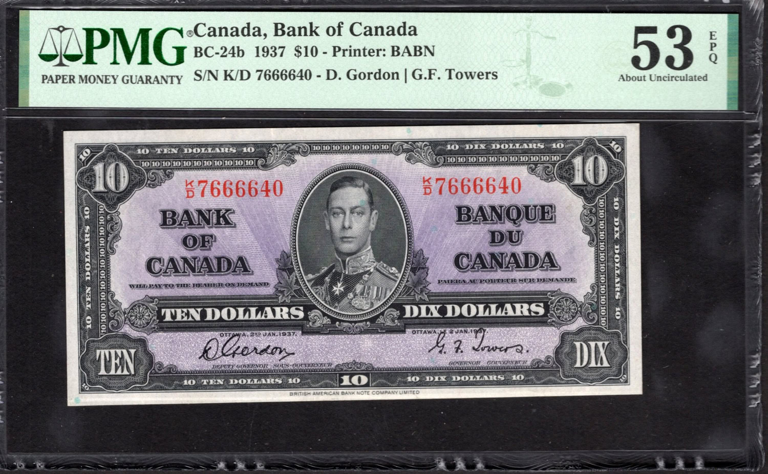 Canada 1937 $10 Bank of Canada Note BC-24b Gordon / Towers PMG About Uncirculated 53 EPQ | PMG ...