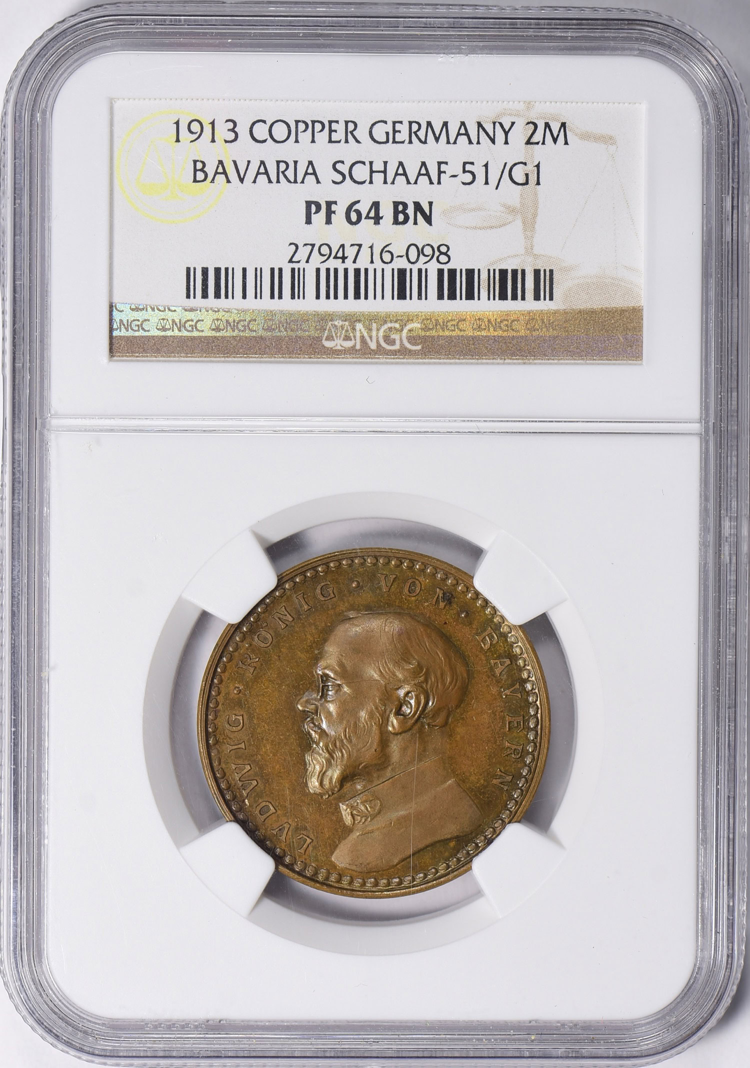 Germany - Bavaria 1913 Copper 2 Marks Pattern Schaaf-51/G1 NGC Proof-64 ...