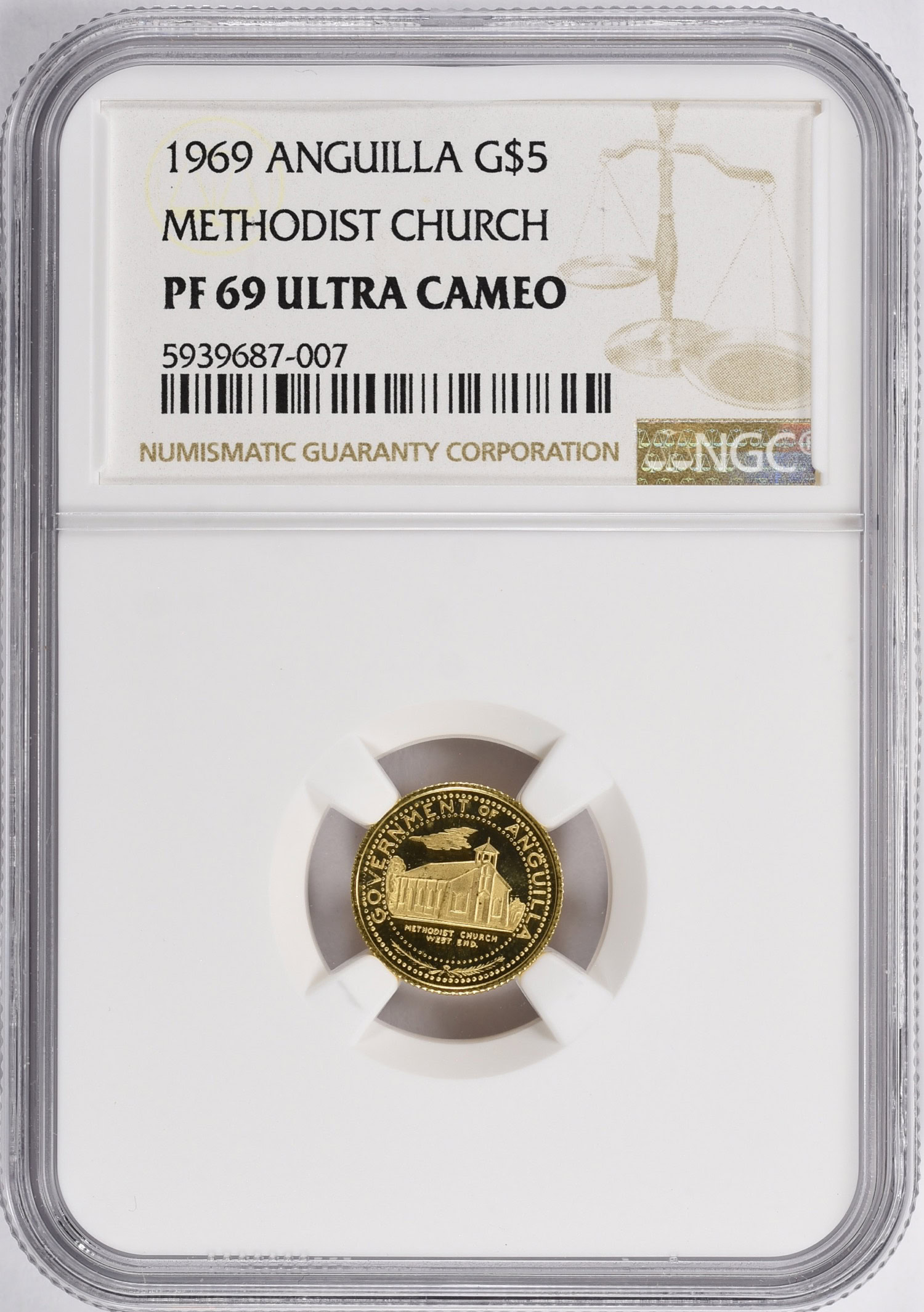 Anguilla 1969 Gold $5 Methodist Church KM-20 NGC Proof-69 UC (AGW = 0. ...