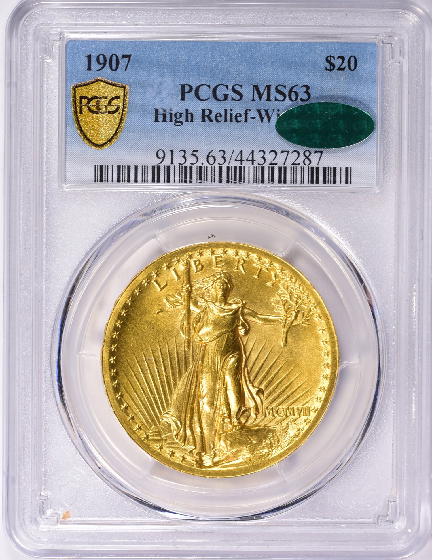 1907 Saint-Gaudens Gold Double Eagle MCMVII. High Relief, Wire Edge PCGS MS-63 (CAC Green) (Item ...