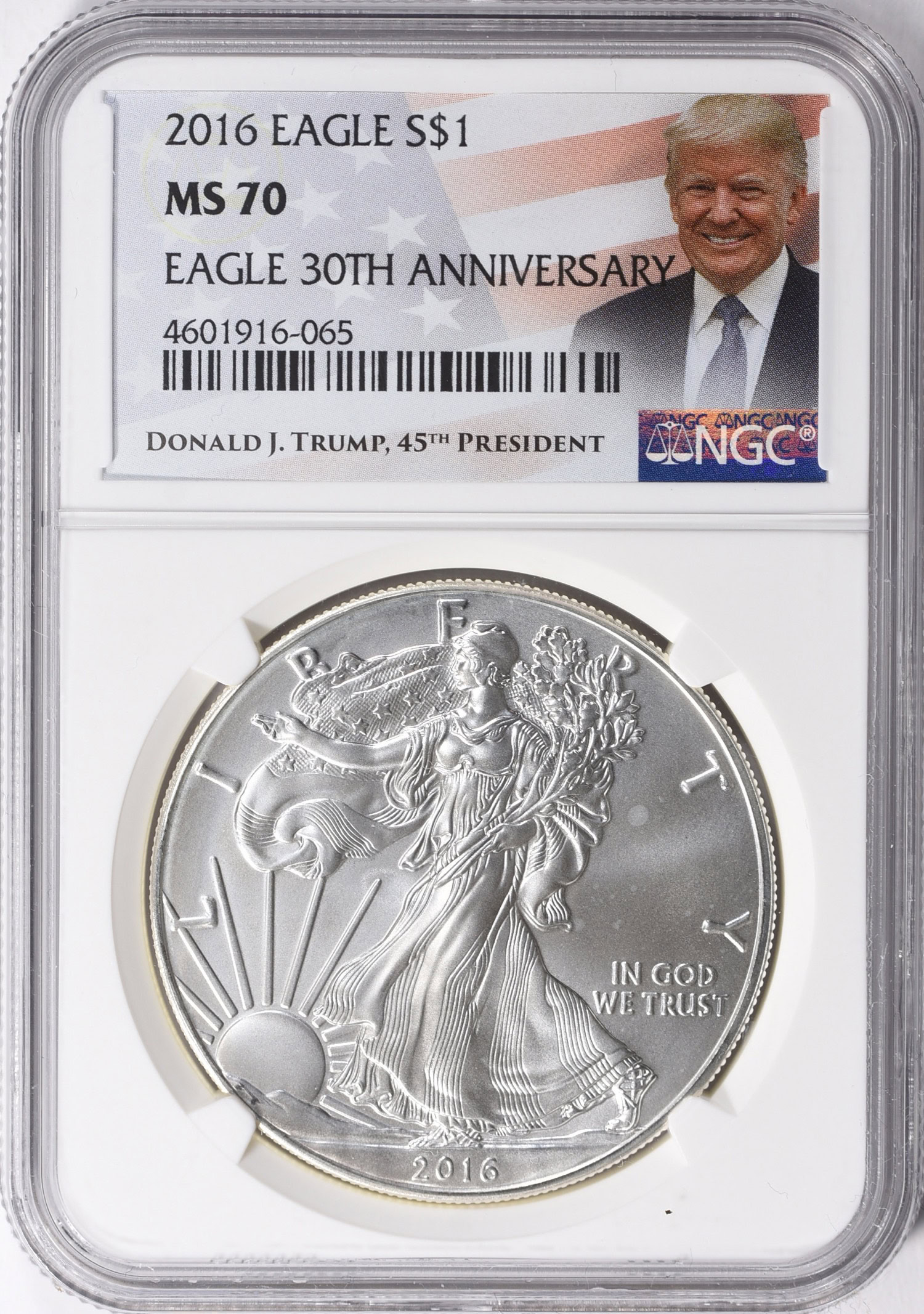 2016 $1 Silver Eagle 30th Anniversary NGC MS-70 (Donald Trump Label) (Item 1236048 ...