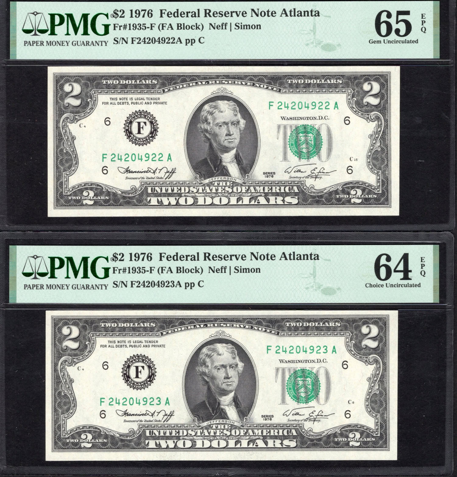 Fr. 1935-F (FA Block) 1976 $2 Atlanta Federal Reserve Notes Sequential ...