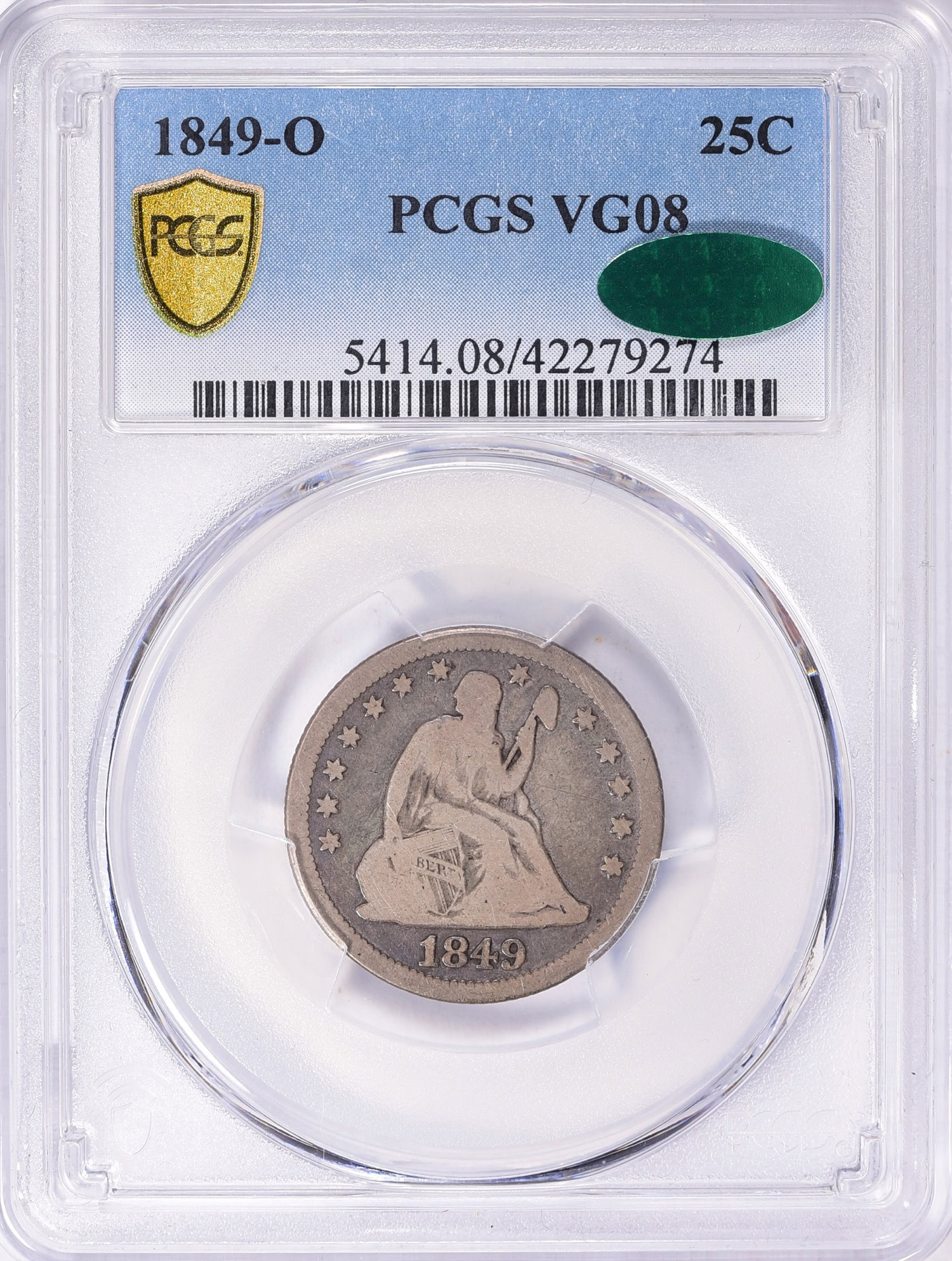 1849-O Seated Liberty Quarter PCGS VG-08 (CAC Green) (Toned) (Item 1236604) | GreatCollections ...