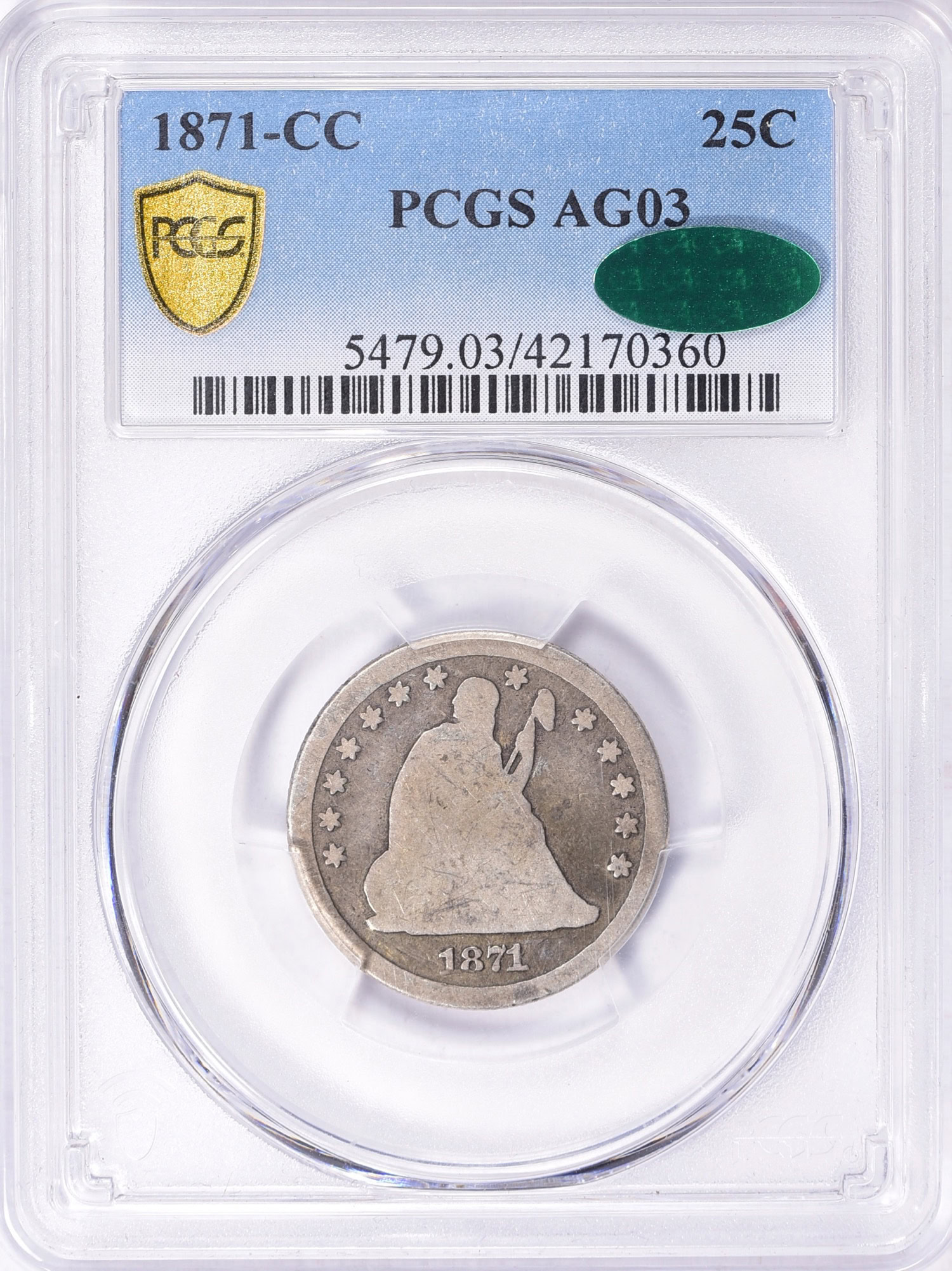 1871-CC Seated Liberty Quarter PCGS AG-03 (CAC Green) (Item 1236610) | GreatCollections Coin ...