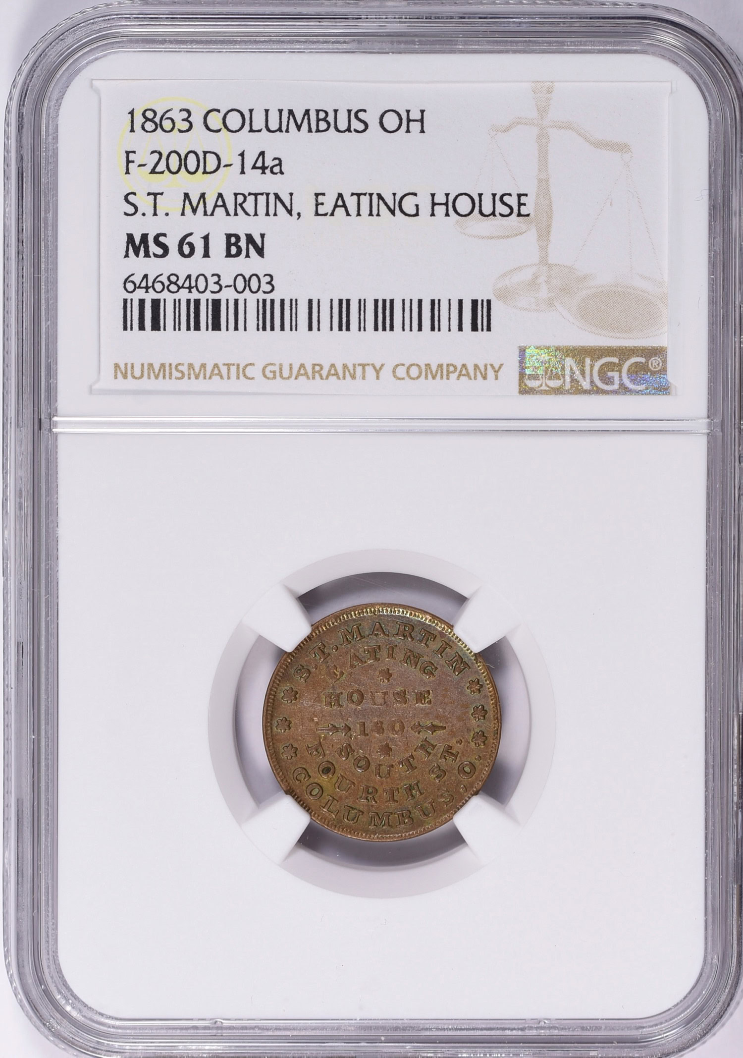 1863 Columbus, Ohio S.T. Martin Eating House Civil War Token F-200D-14a ...