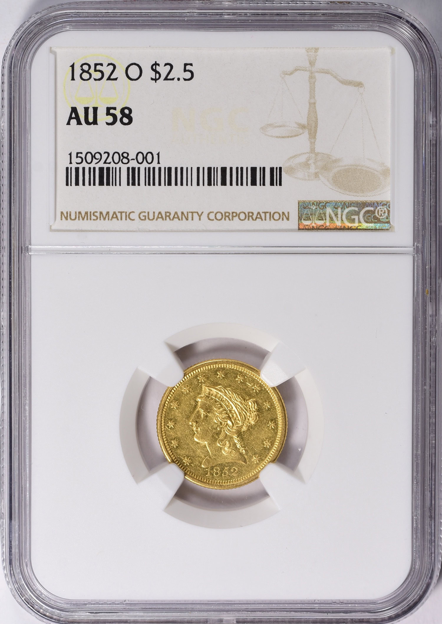 1852-O Liberty Gold Quarter Eagle NGC AU-58 (Item 1237150) | GreatCollections Coin Auctions
