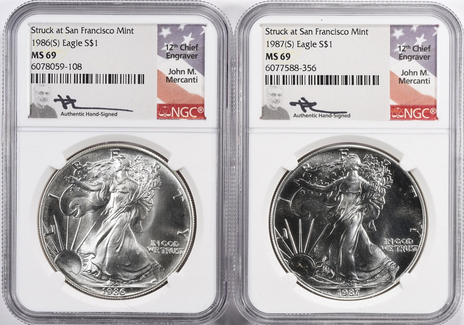 1986-(S) and 1987-(S) $1 Silver Eagle Struck at San Francisco Mint NGC MS-69 (Mercanti Signed ...