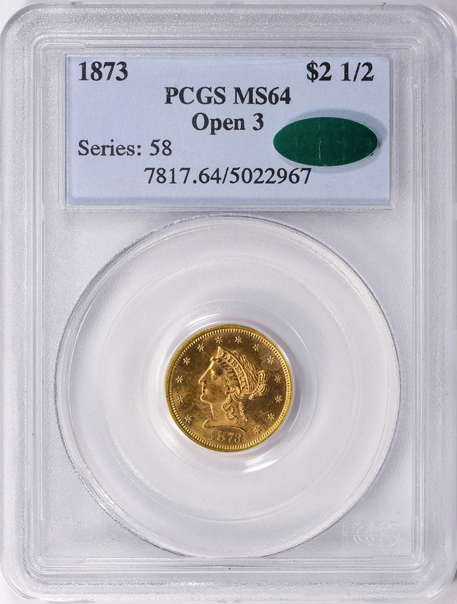 1873 Liberty Gold Quarter Eagle Open 3 PCGS MS-64 (CAC Green) (Item 1243988) | GreatCollections ...