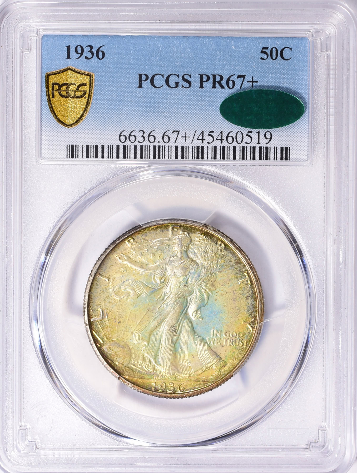 1936 Walking Liberty Half Dollar PCGS Proof-67+ (CAC Green) (Toned) (Item 1244661 ...