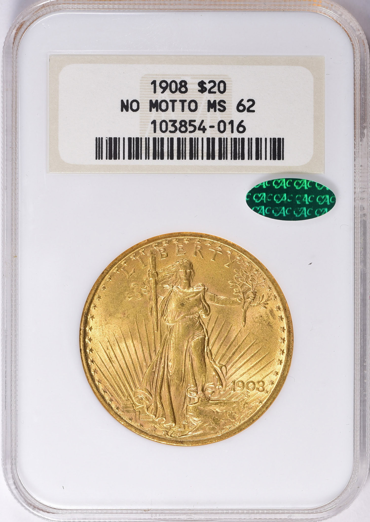 1908 Saint-Gaudens Gold Double Eagle No Motto NGC MS-62 OH (CAC Green ...