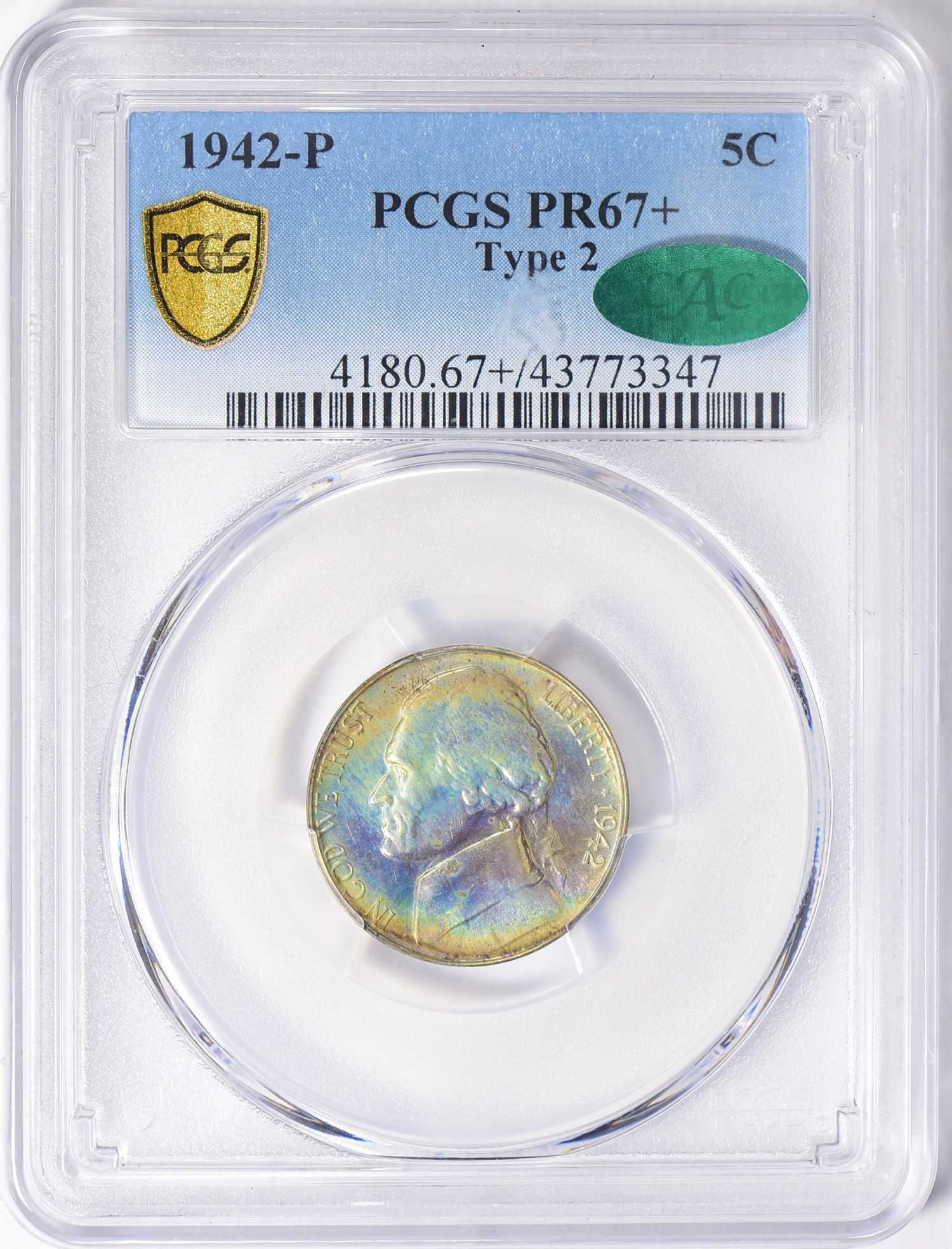 1942-P Jefferson Nickel Type 2 PCGS Proof-67+ (CAC Green) (Toned) (Item ...