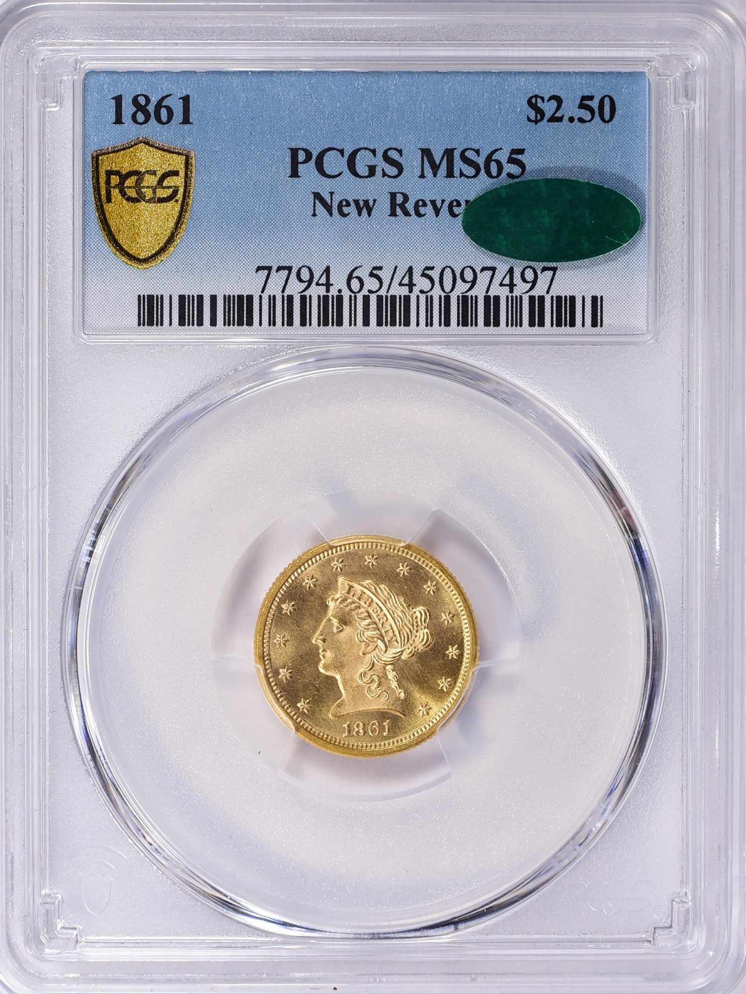 1861 Liberty Gold Quarter Eagle New Reverse PCGS MS-65 (CAC Green) (Item 1248222 ...