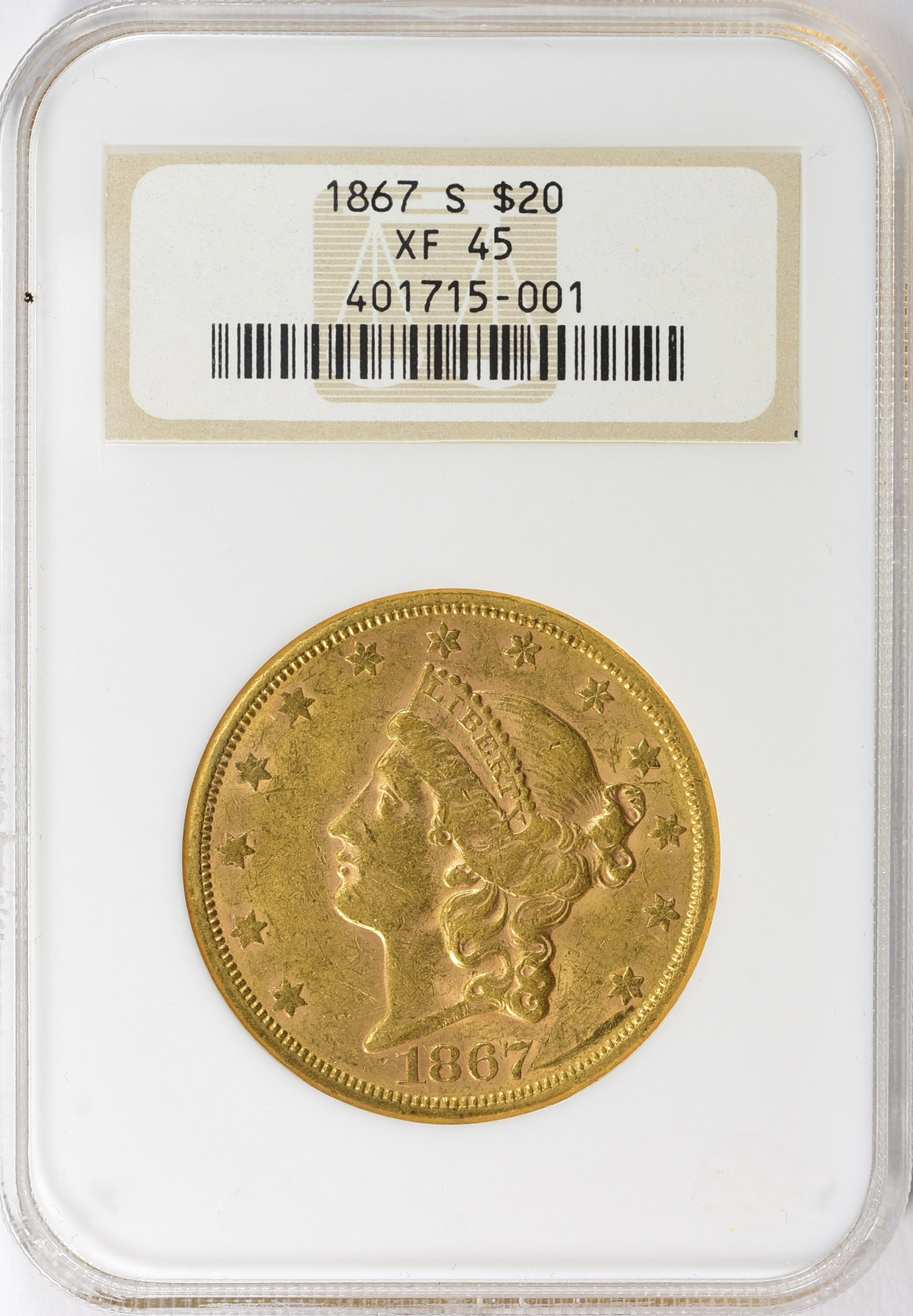 1867-S Liberty Gold Double Eagle NGC XF-45 OH (Item 1248516) | GreatCollections Coin Auctions