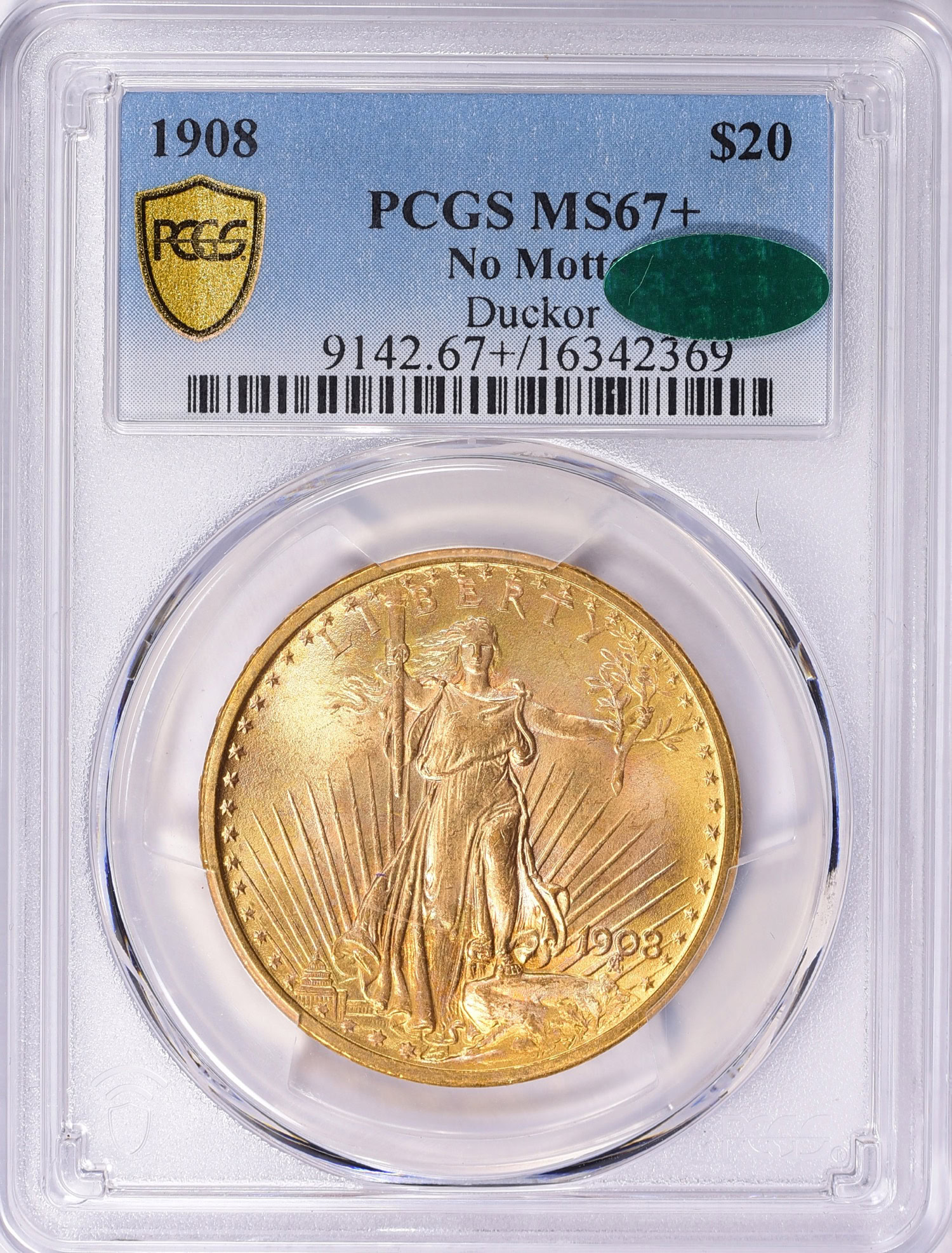 1908 Saint-Gaudens Gold Double Eagle No Motto PCGS MS-67+ (CAC Green ...