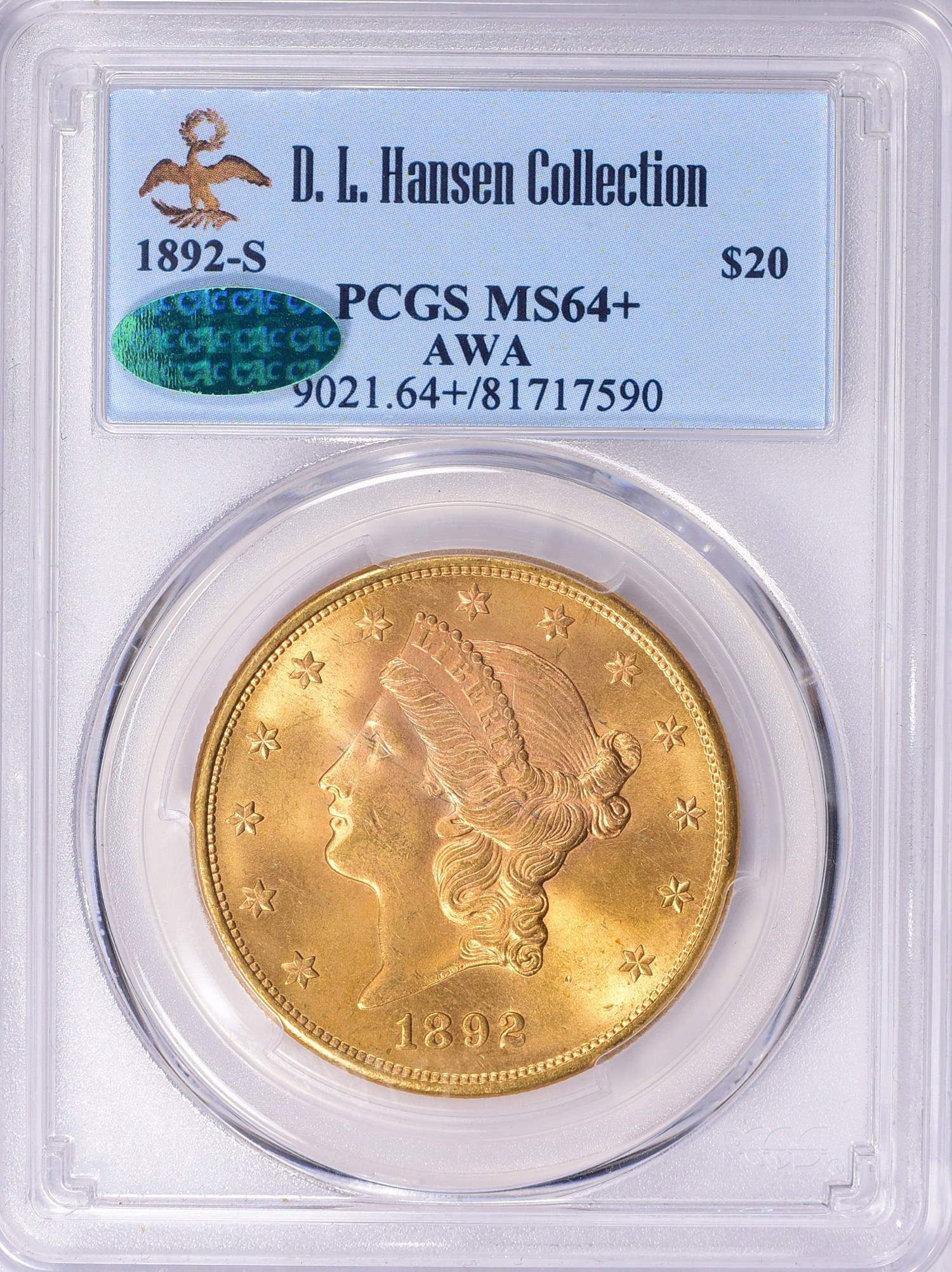 1892-S Liberty Gold Double Eagle PCGS MS-64+ (CAC Green) (D.L. Hansen ...