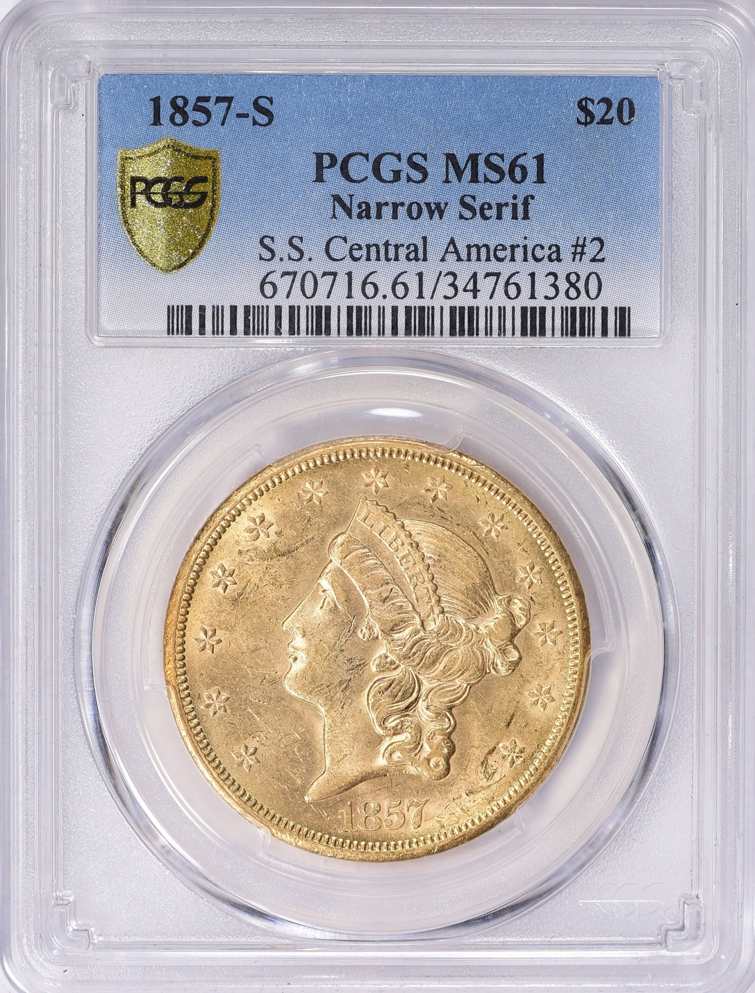 1857-S Liberty Gold Double Eagle Narrow Serif Shipwreck S.S. Central ...